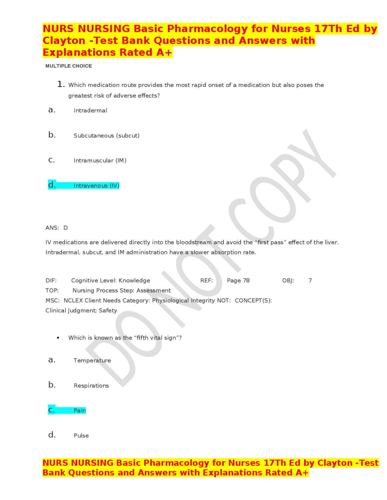 NURS NURSING Basic Pharmacology for Nurses 17Th Ed by Clayton -Test ...
