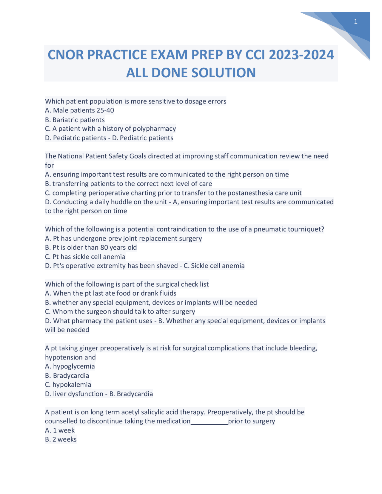 CNOR PRACTICE EXAM PREP BY CCI 2023-2024 ALL DONE SOLUTION GRADED A+ | Exams Nursing | Docsity