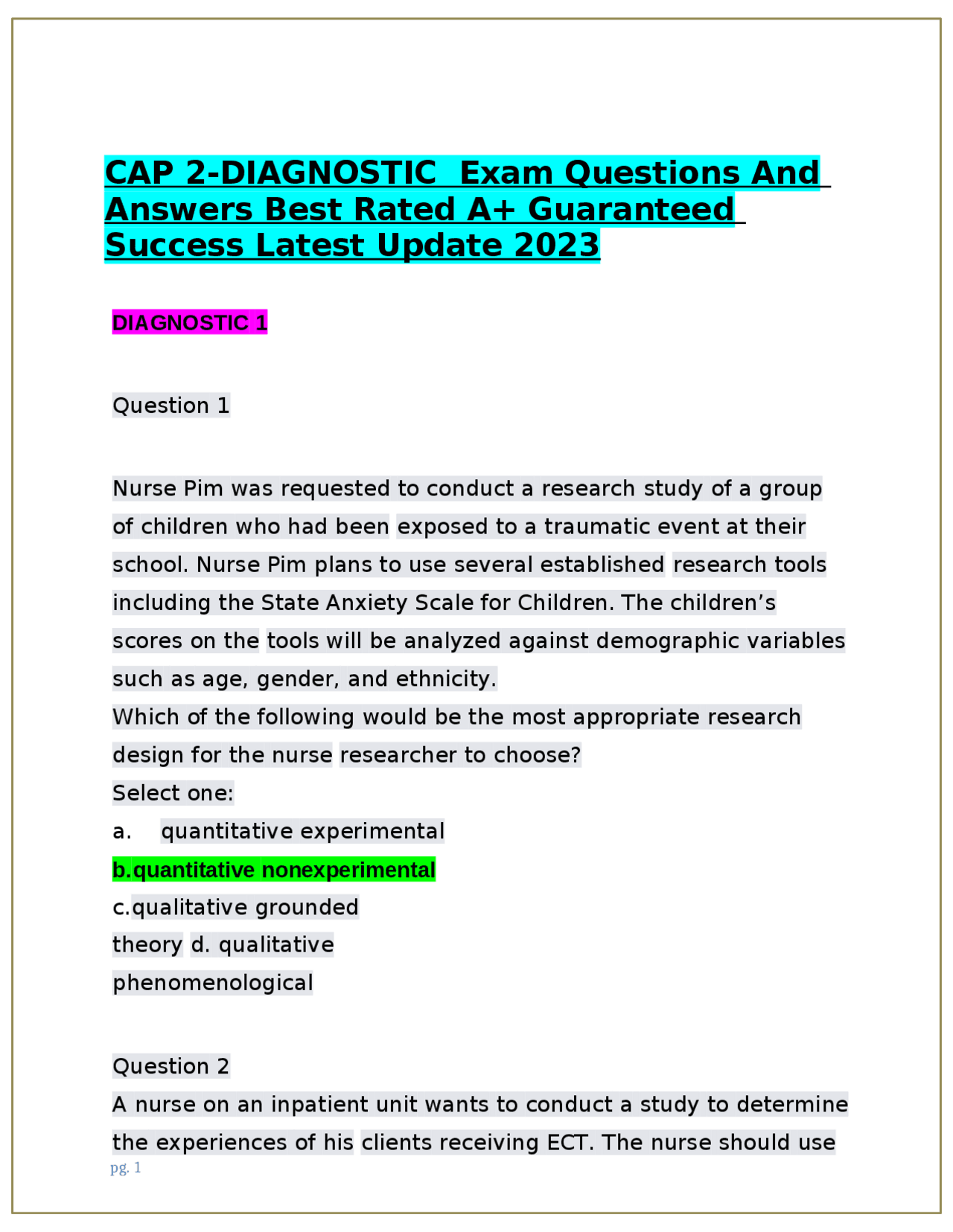 CAP 2-DIAGNOSTIC Exam Questions And Answers Best Rated A+ Guaranteed ...
