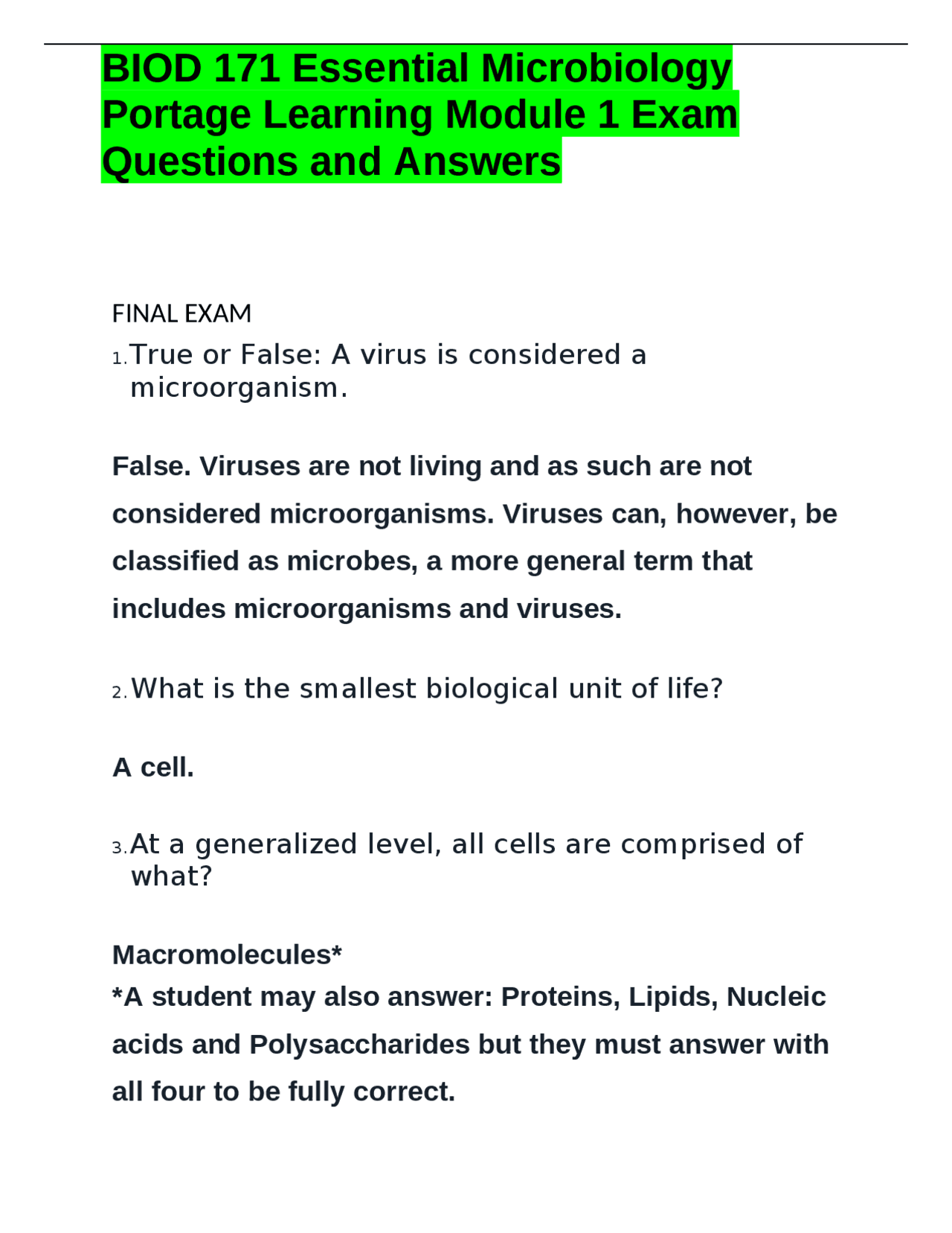 BIOD 171 Essential Microbiology Portage Learning Module 1 Exam ...
