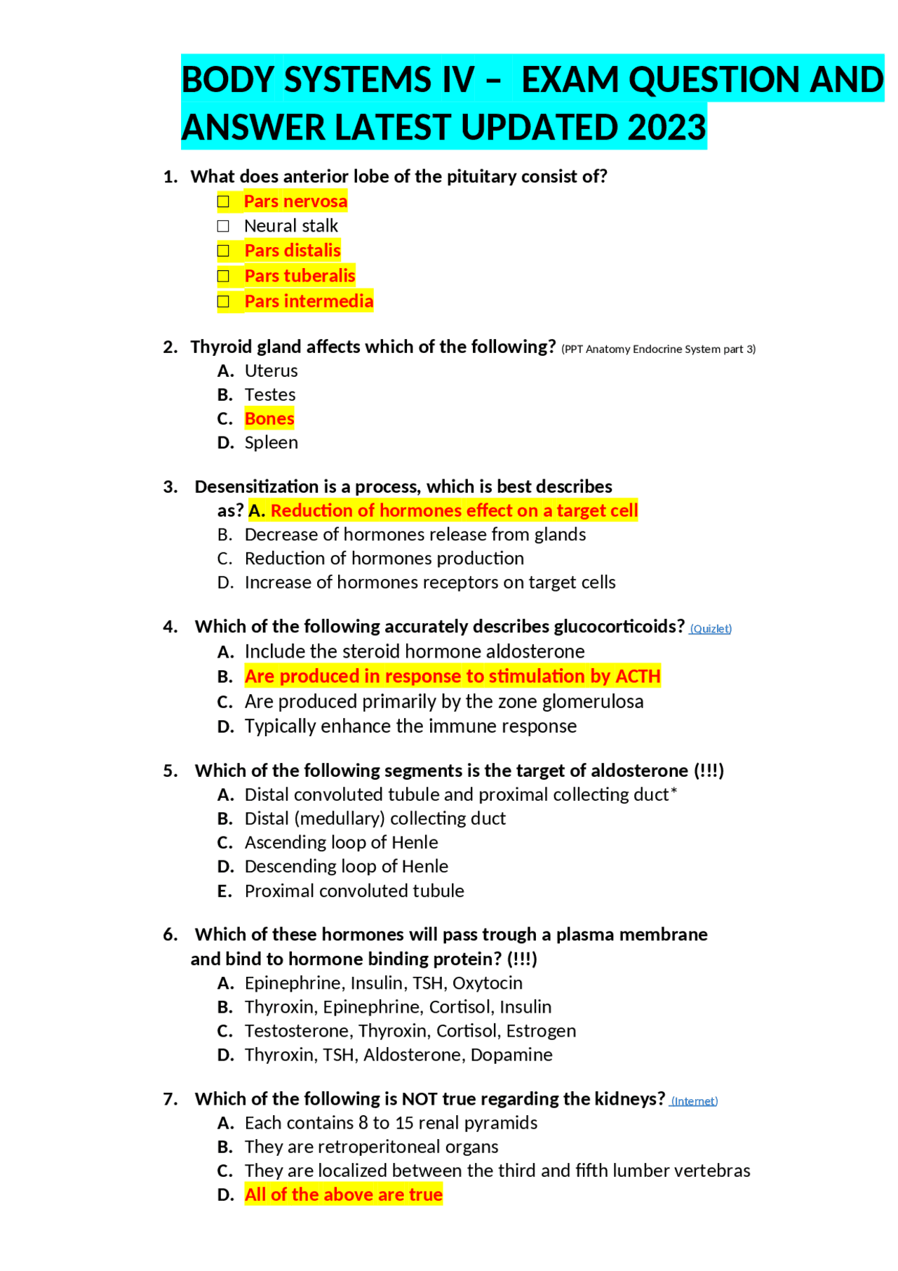 Endocrine System Exam Questions and Answers | Exams Biology | Docsity