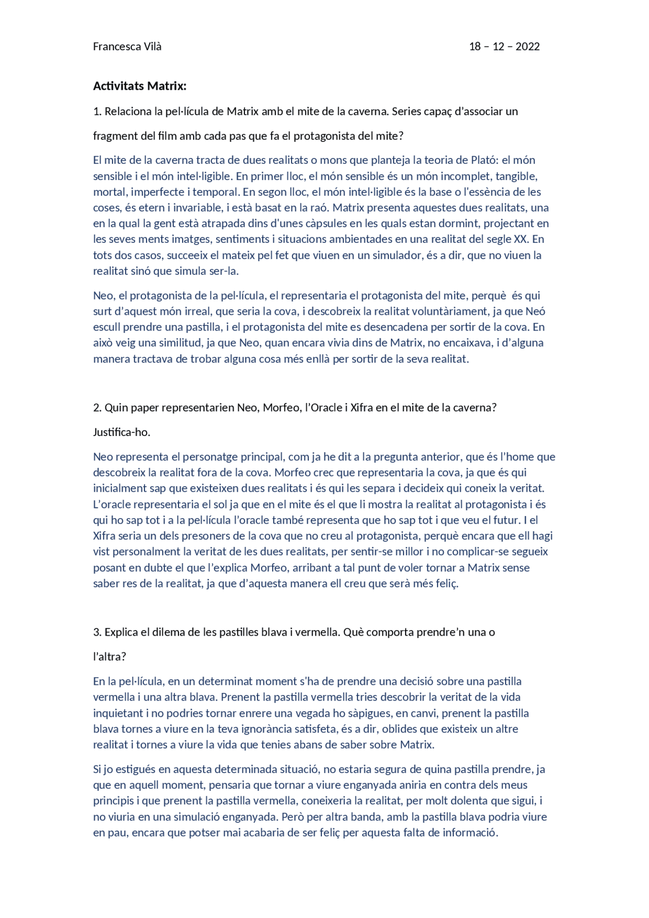 Actividades sobre Matrix | Ejercicios de Historia de la Filosofía | Docsity