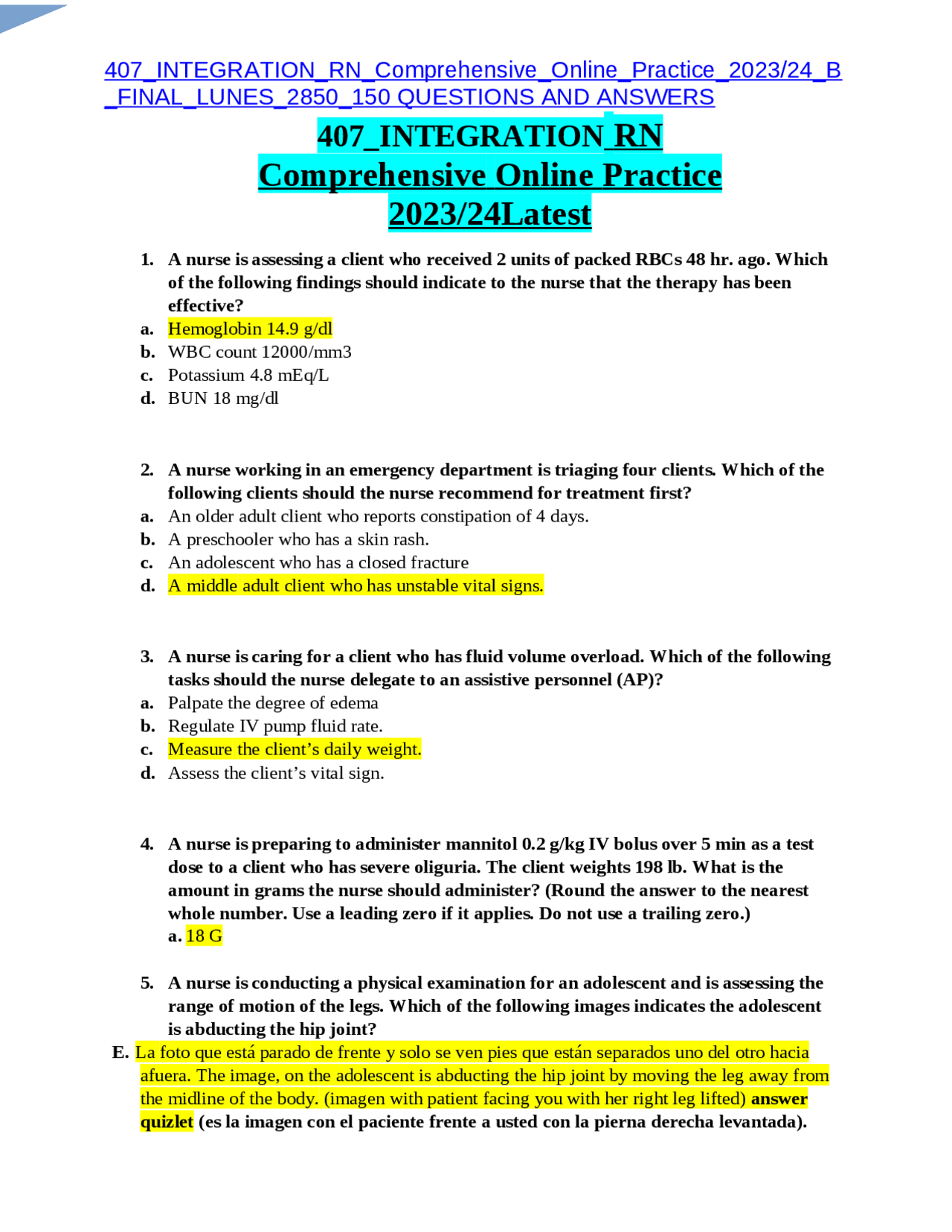407_INTEGRATION_RN_Comprehensive_Online_Practice_2023/24_B_FINAL_LUNES_2850_150 QUESTIONS ...
