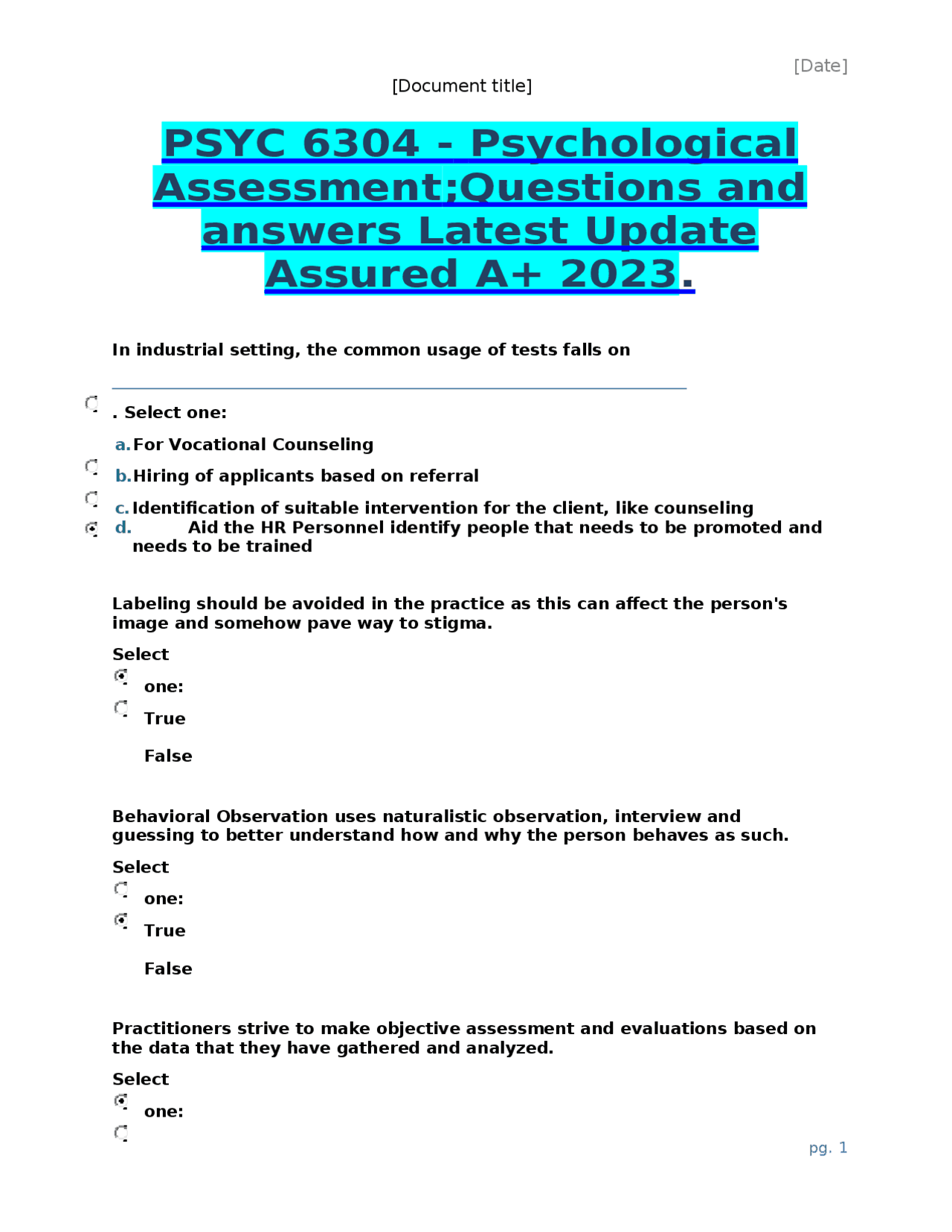 Psyc 6304 Psychological Assessmentquestions And Answers Latest