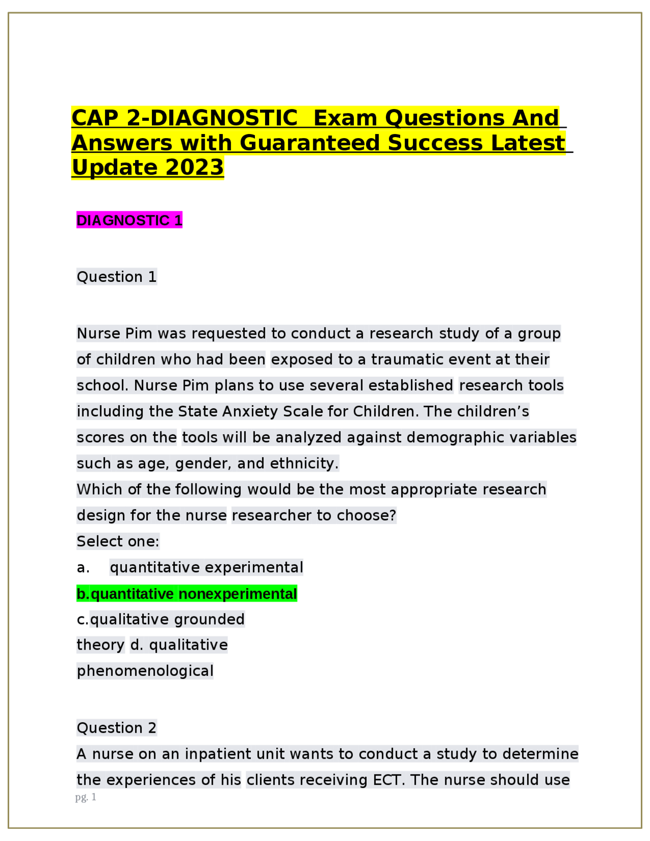 CAP 2-DIAGNOSTIC Exam Questions And Answers with Guaranteed Success ...