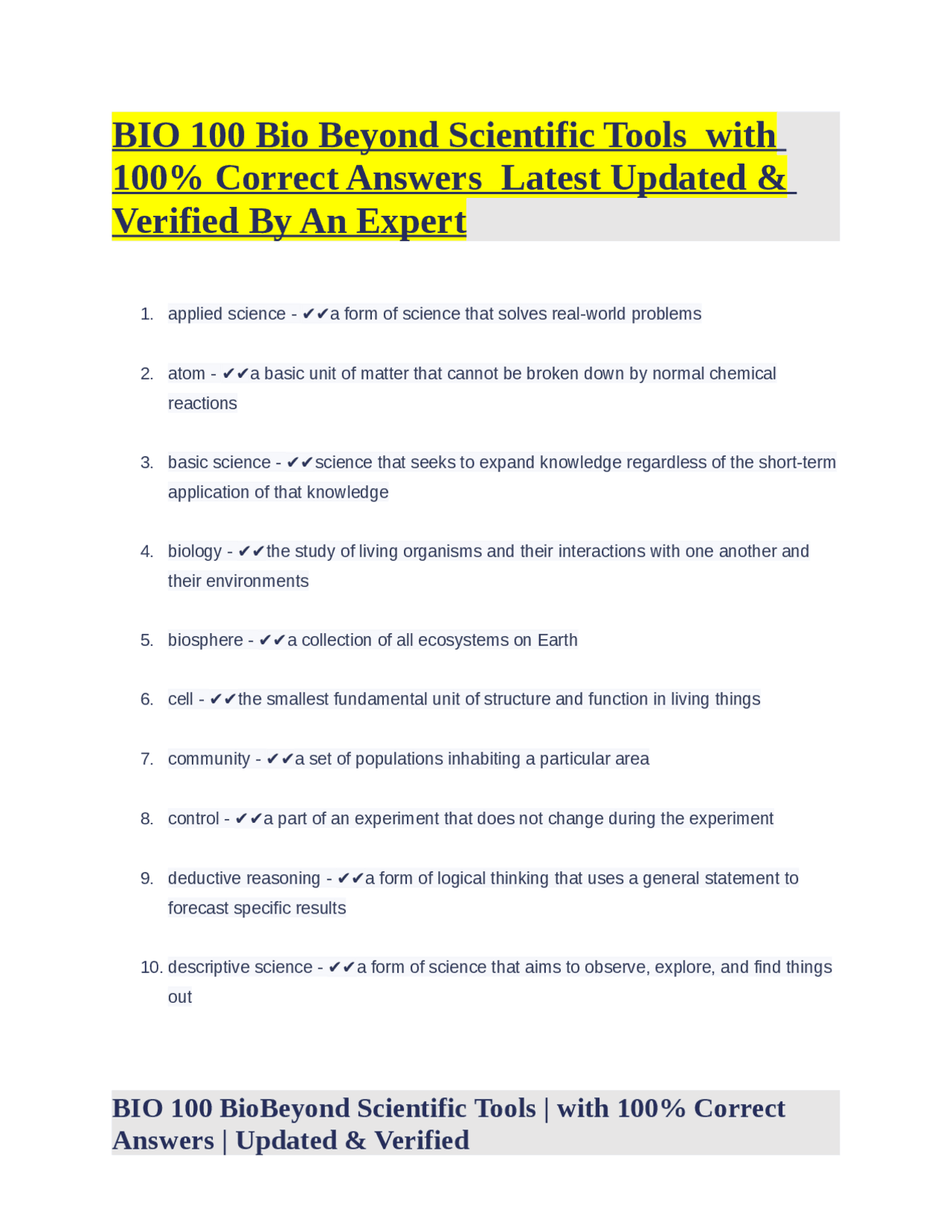 Bio 100 Bio Beyond Scientific Tools With 100 Correct Answers Latest