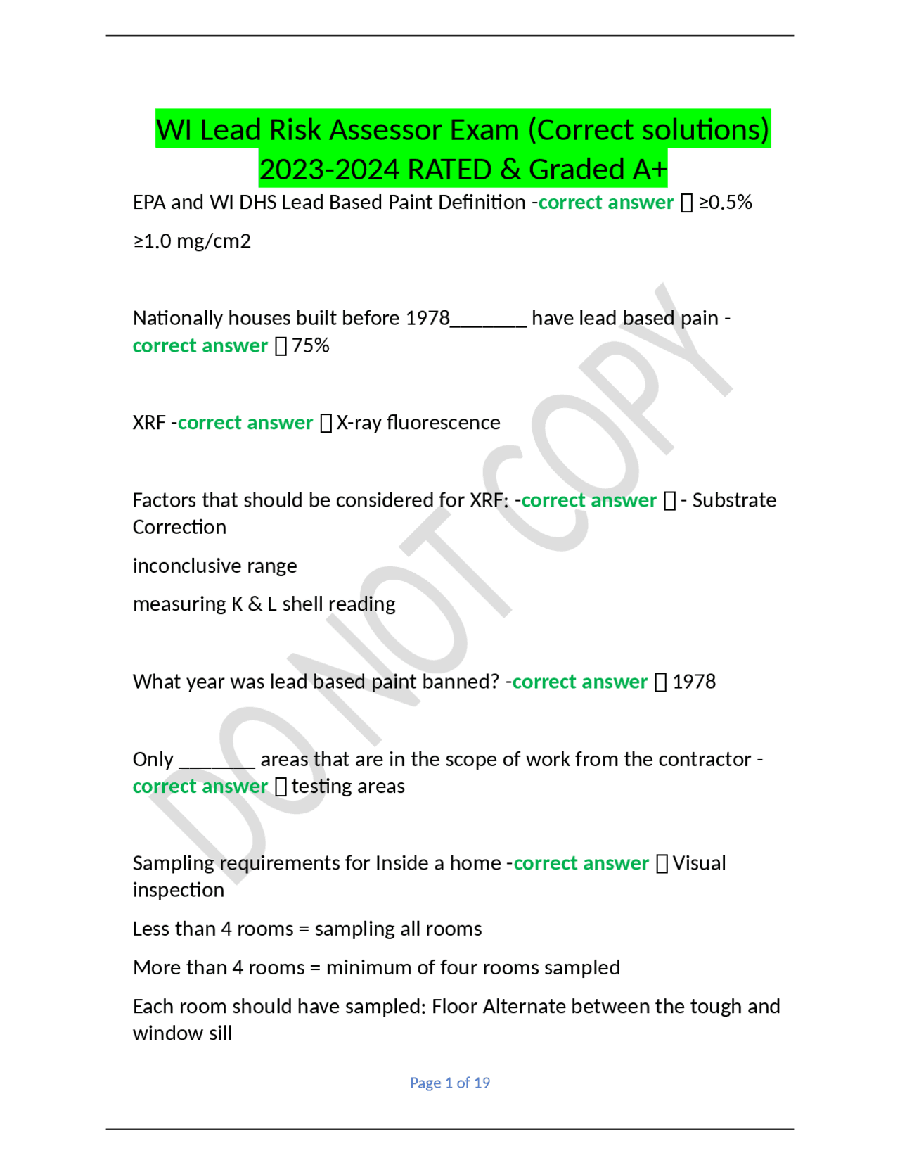 WI Lead Risk Assessor Exam Solutions | Exams Risk Analysis | Docsity