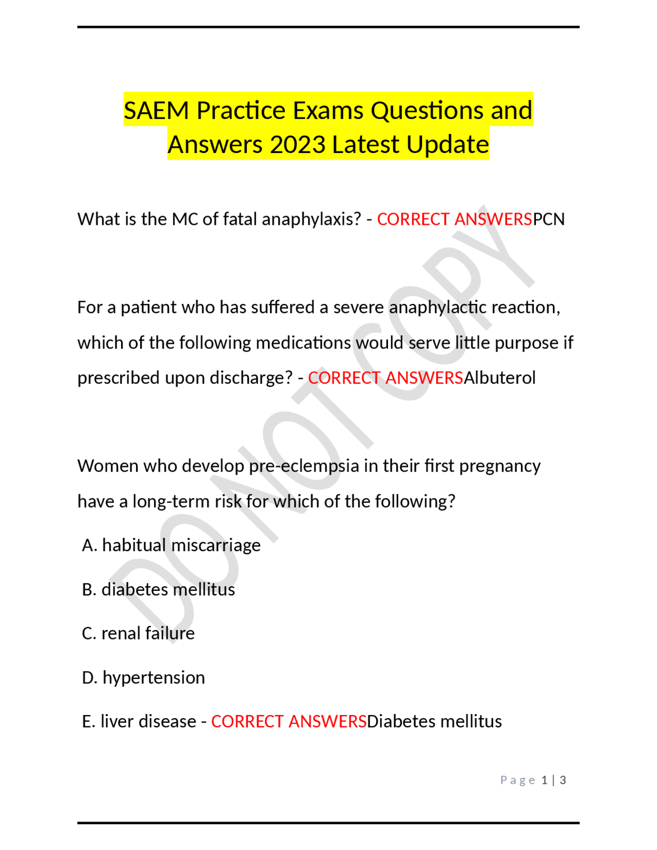 SAEM Practice Exams Questions and Answers 2023 Latest Update | Exams ...