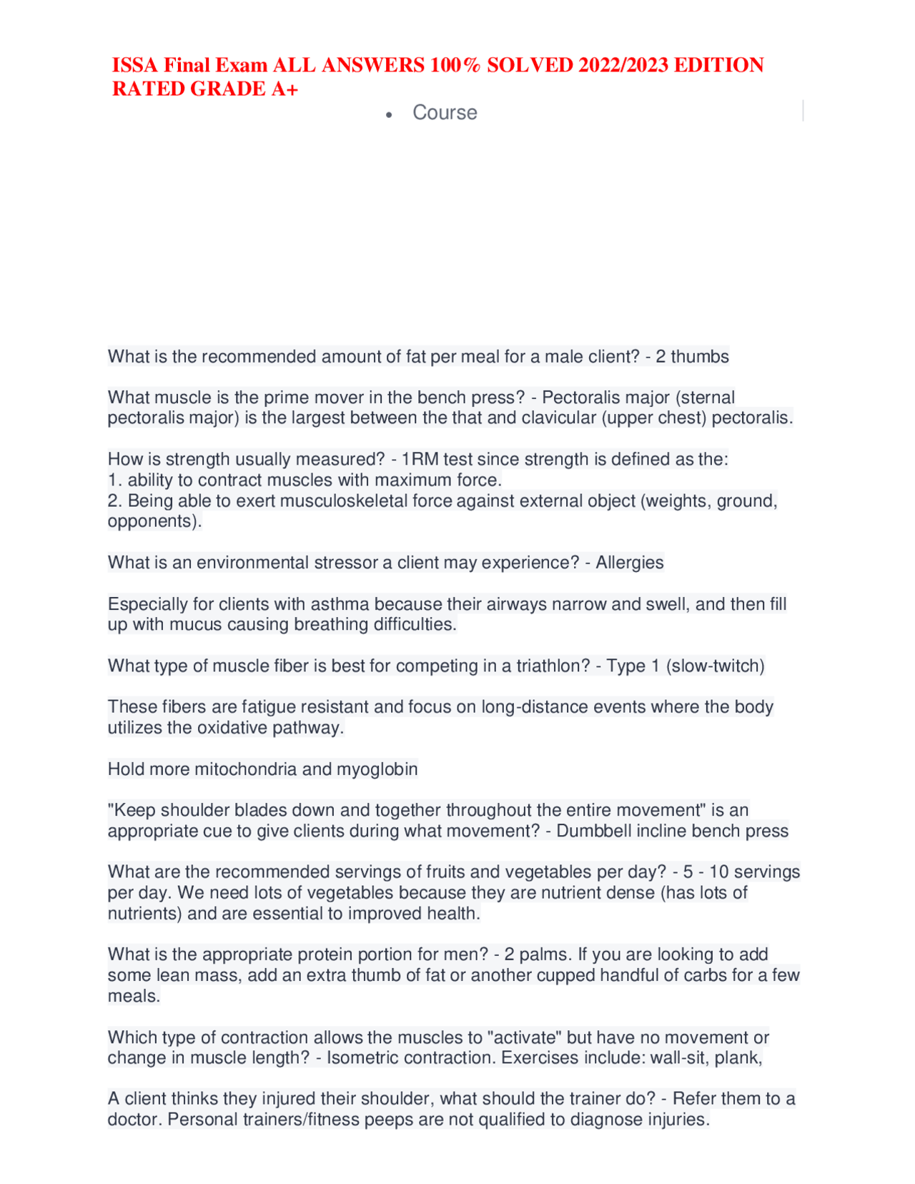 ISSA Final Exam ALL ANSWERS 100% SOLVED 2022/2023 EDITION RATED GRADE ...