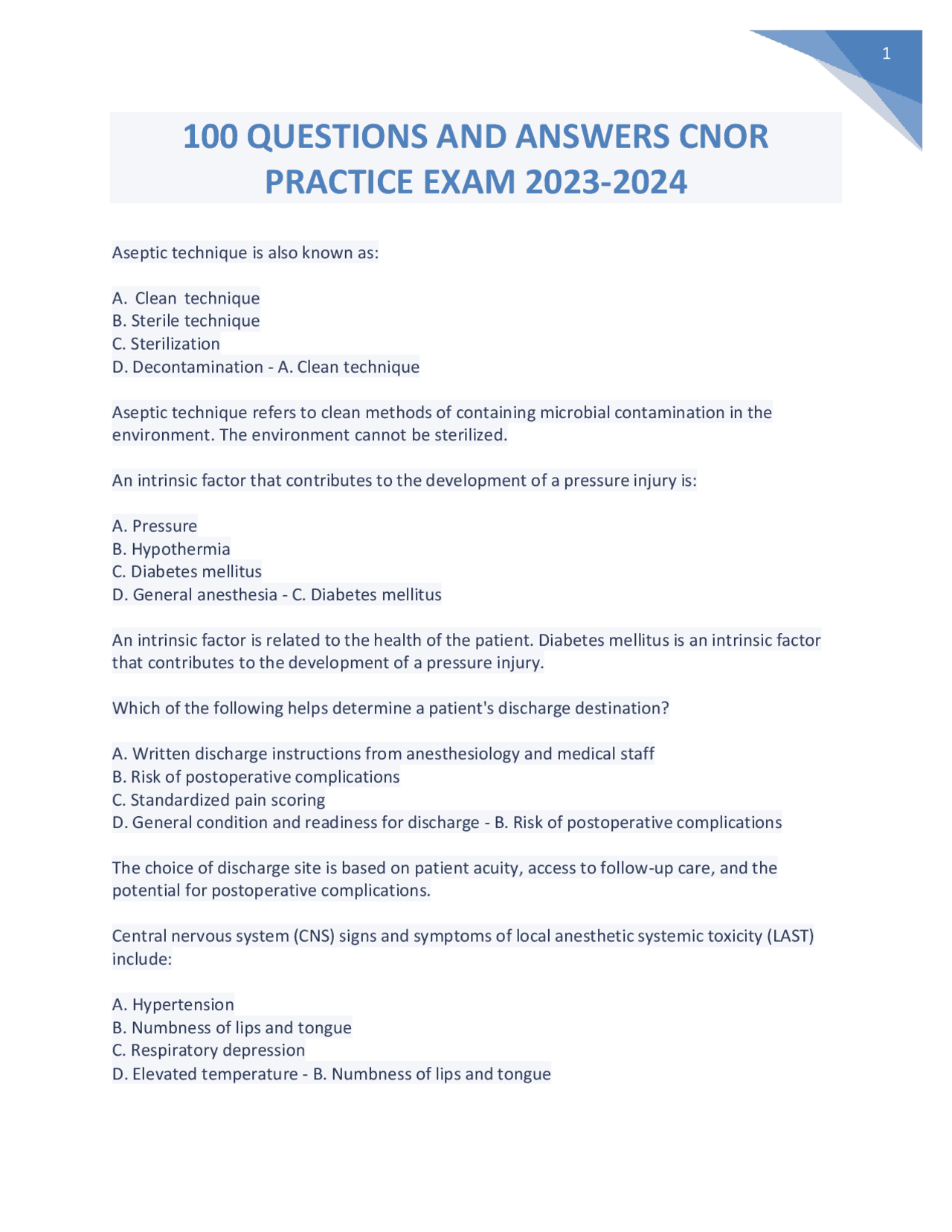 100 QUESTIONS AND ANSWERS CNOR PRACTICE EXAM 2023-2024 GRADED A+ ...
