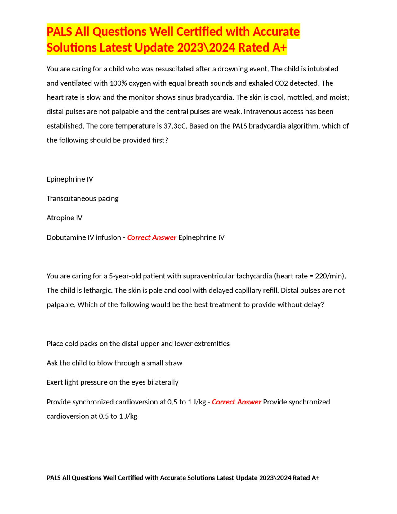 PALS All Questions Well Certified with Accurate Solutions Latest Update ...