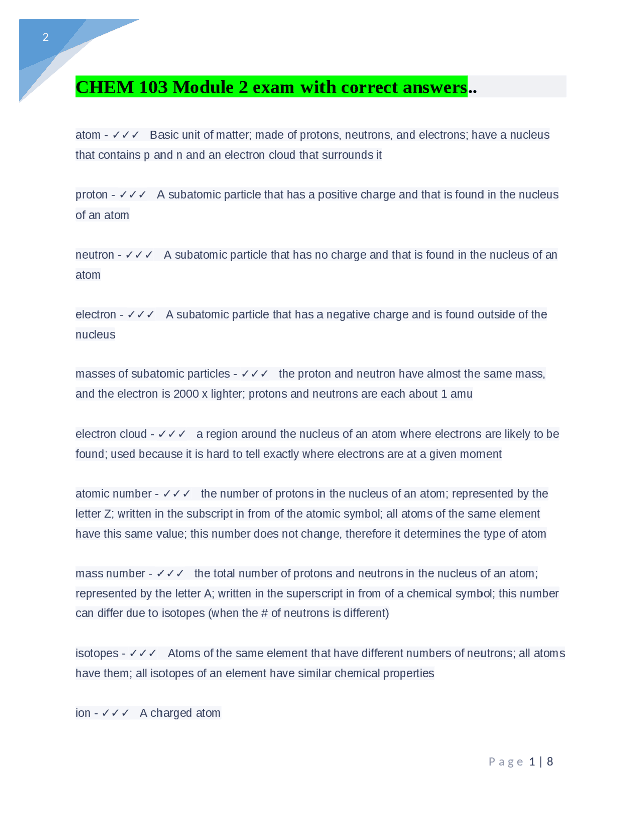 Chem 103 Module 2 Exam With Correct Answers Exams Chemistry Docsity