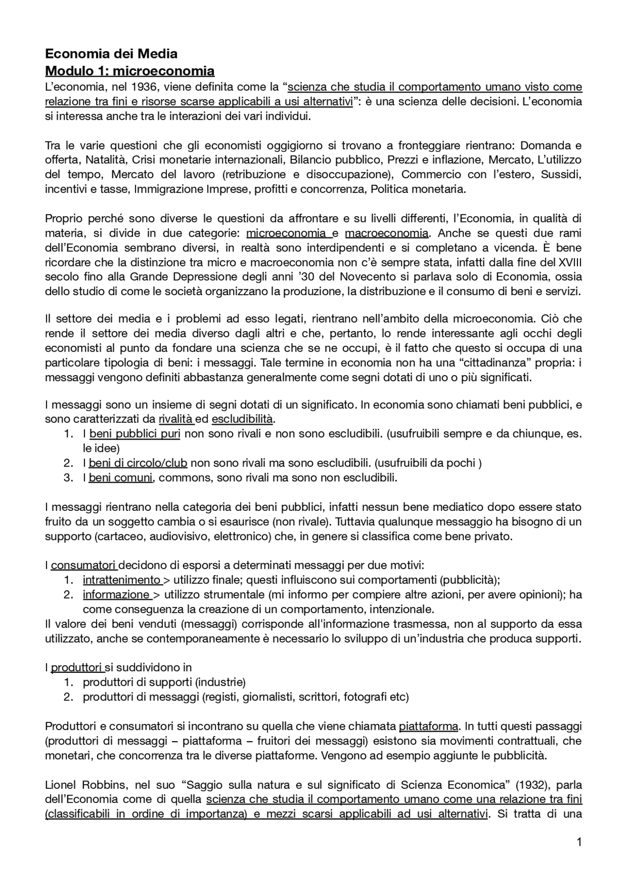 Economia dei media 2 - Primo modulo | Appunti di Sociologia Dei Media | Docsity