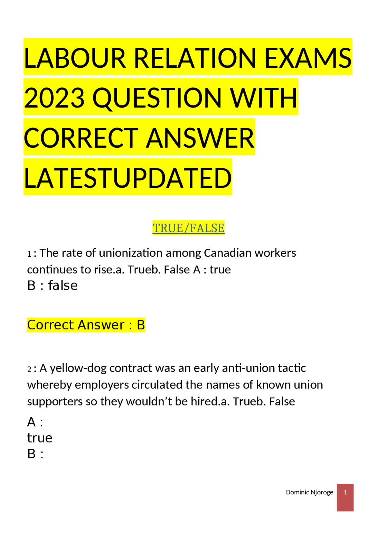 Labour Relations Exam Questions and Answers | Exams Labor Management ...