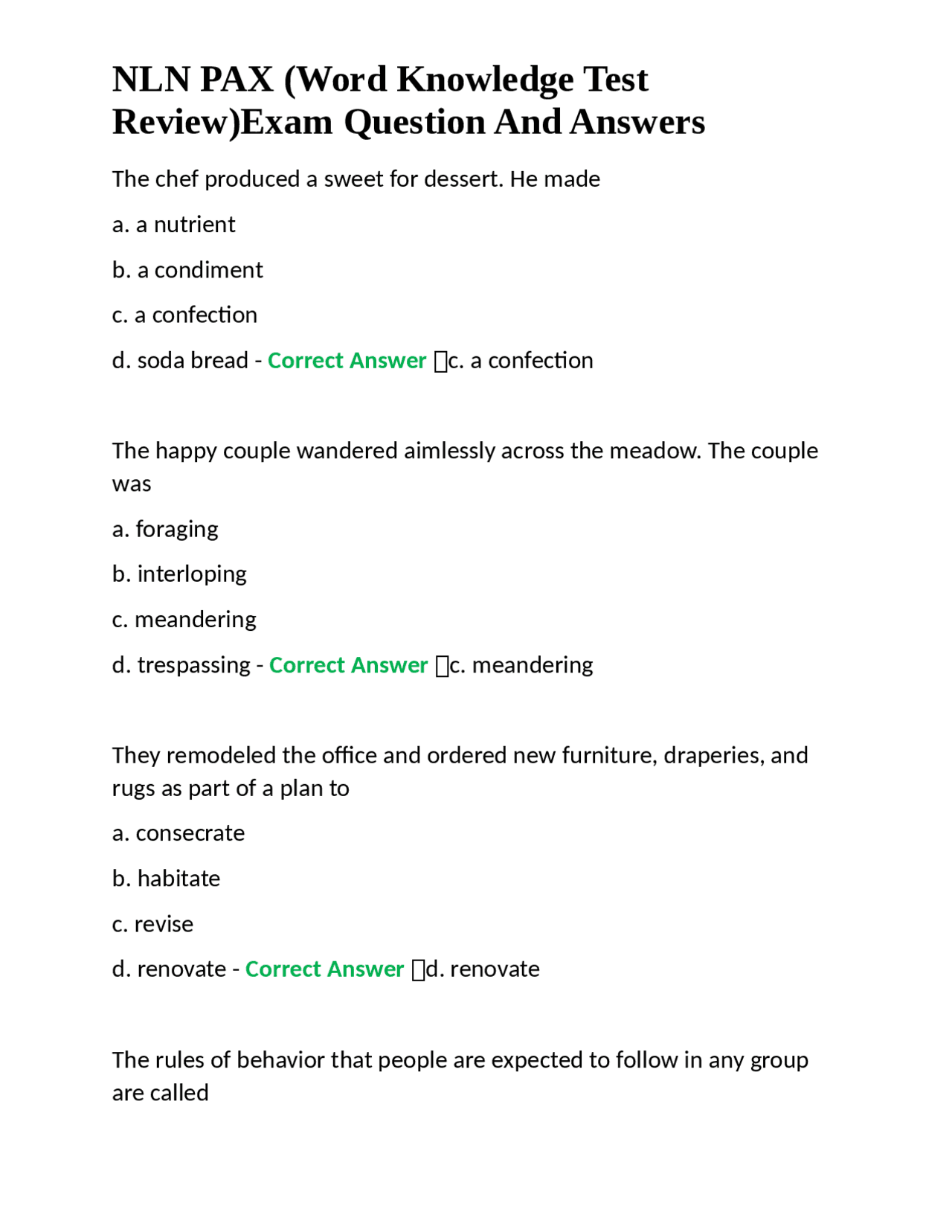 NLN PAX (Word Knowledge Test Review)Exam Question And Answers | Exams ...