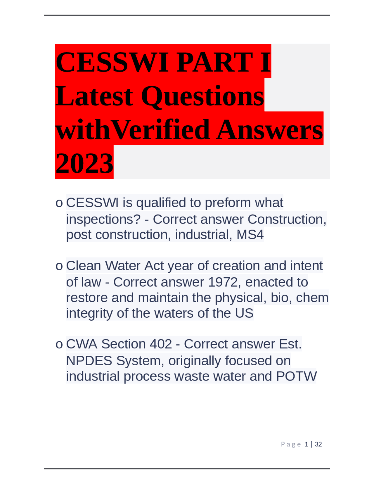 CESSWI PART I Latest Questions withVerified Answers 2023 | Exams Public ...