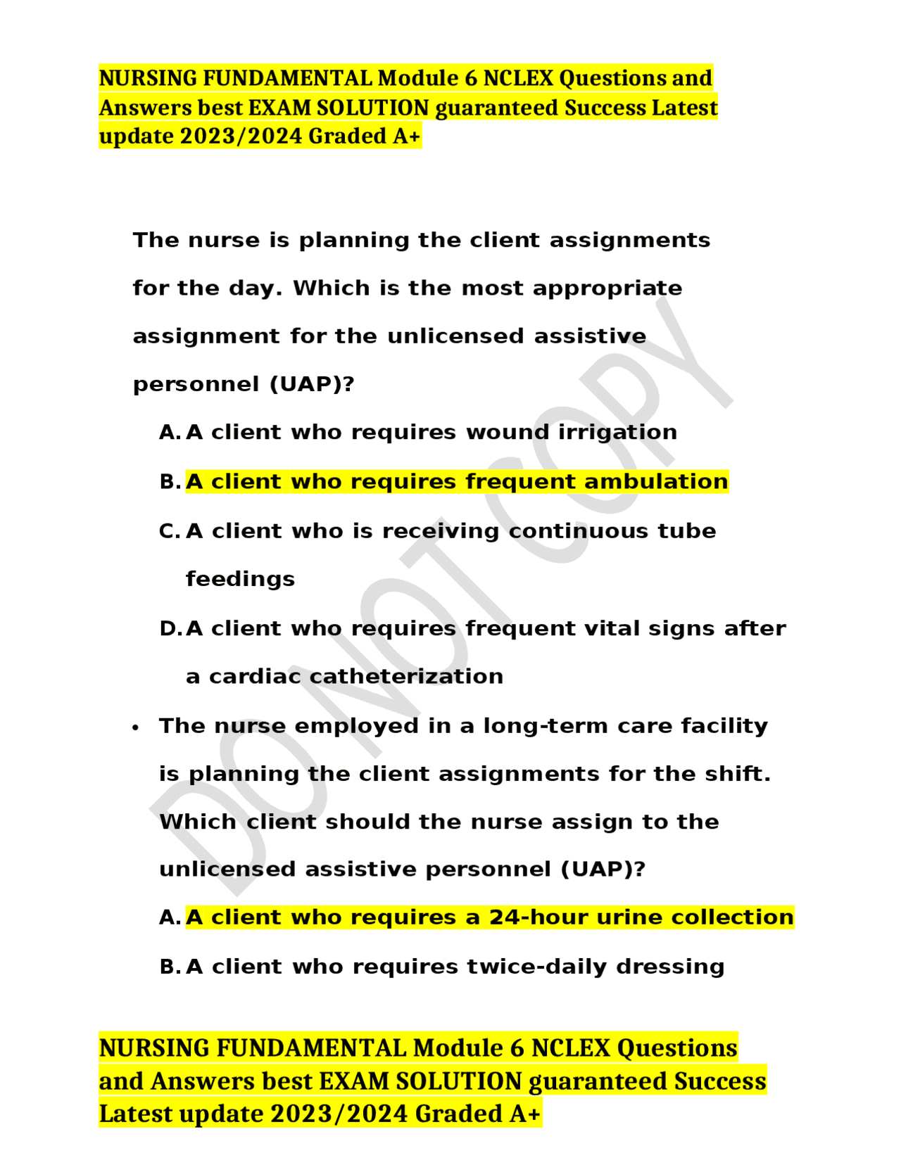 NURSING FUNDAMENTAL Module 6 NCLEX Questions and Answers best EXAM SOLUTION guaranteed Suc ...