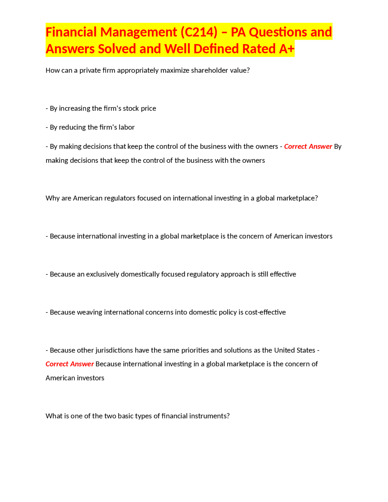 Financial Management (C214) – PA Questions and Answers Solved and Well ...