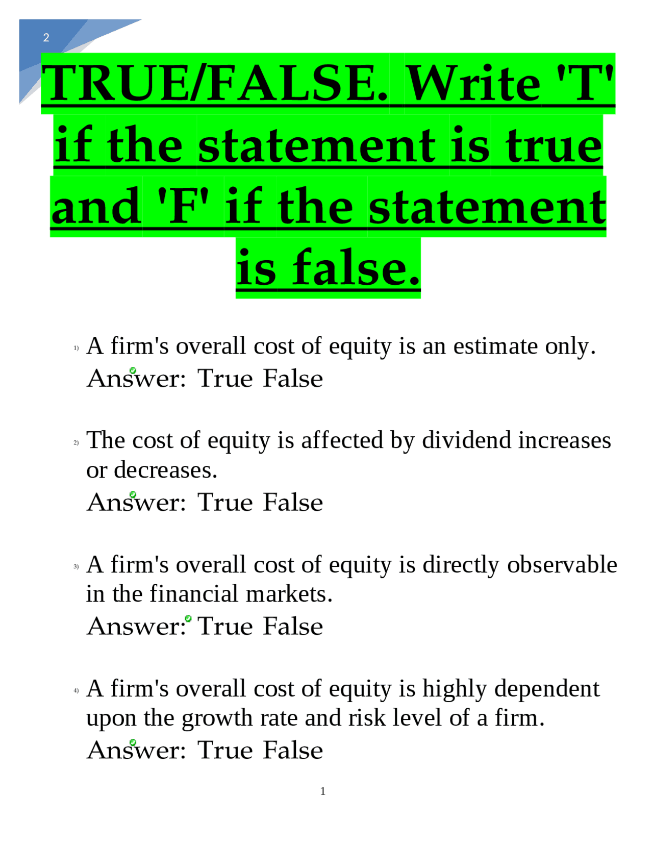 True False Write T If The Statement Is True And F If The Statement
