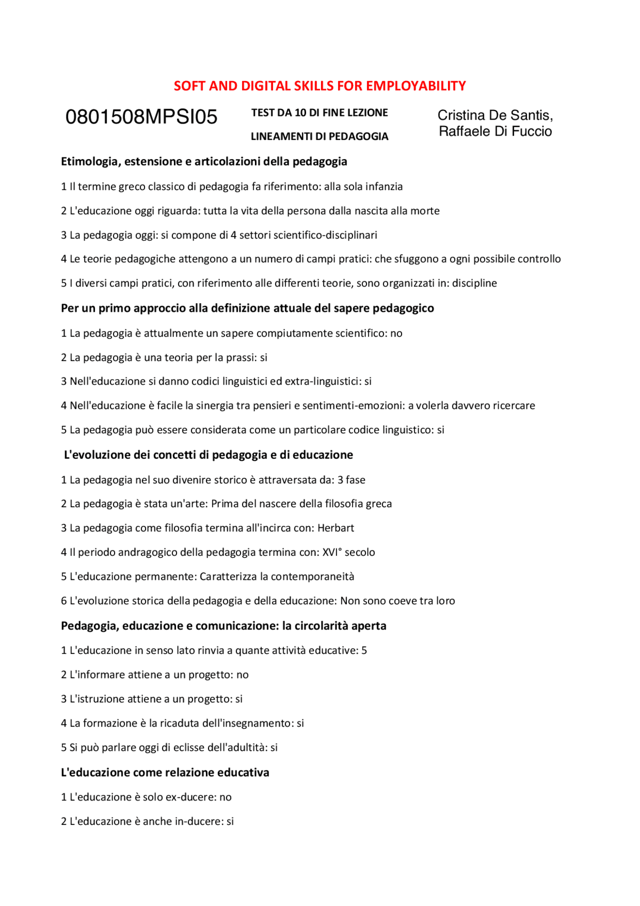 Soft and digital skills for employability- 0912210MPED03I | Panieri di Pedagogia | Docsity