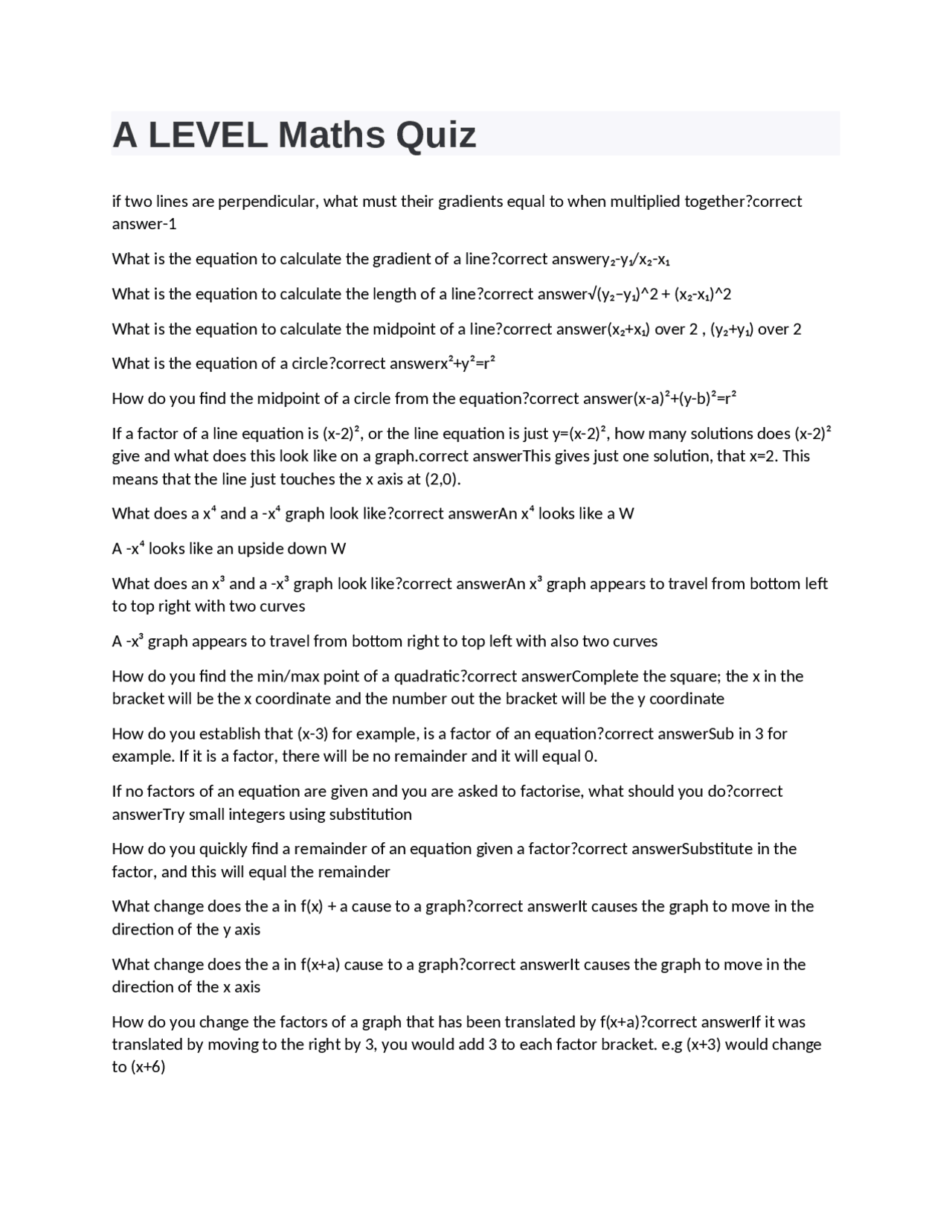 A Level Maths Quiz With Correct Answers Quizzes Mathematics Docsity
