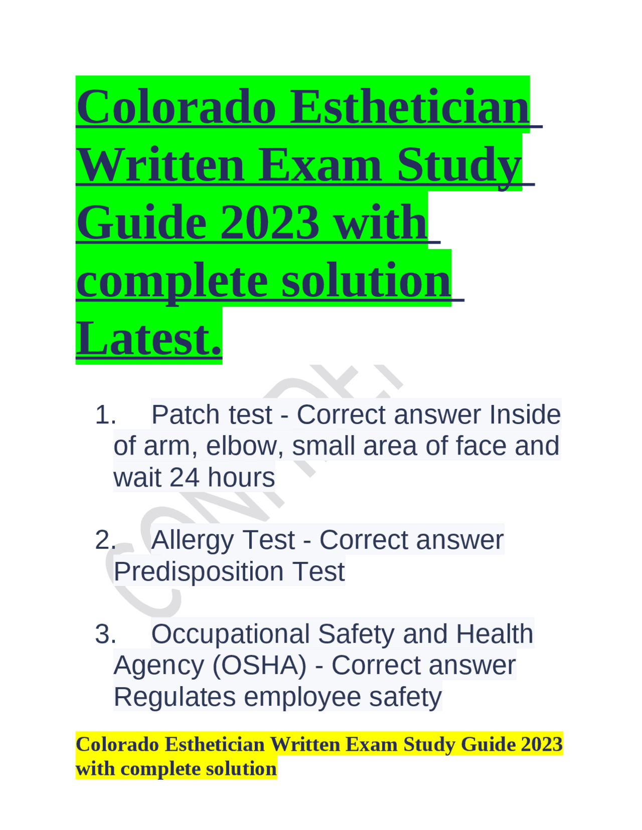 Colorado Esthetician Written Exam Study Guide 2023 with complete ...