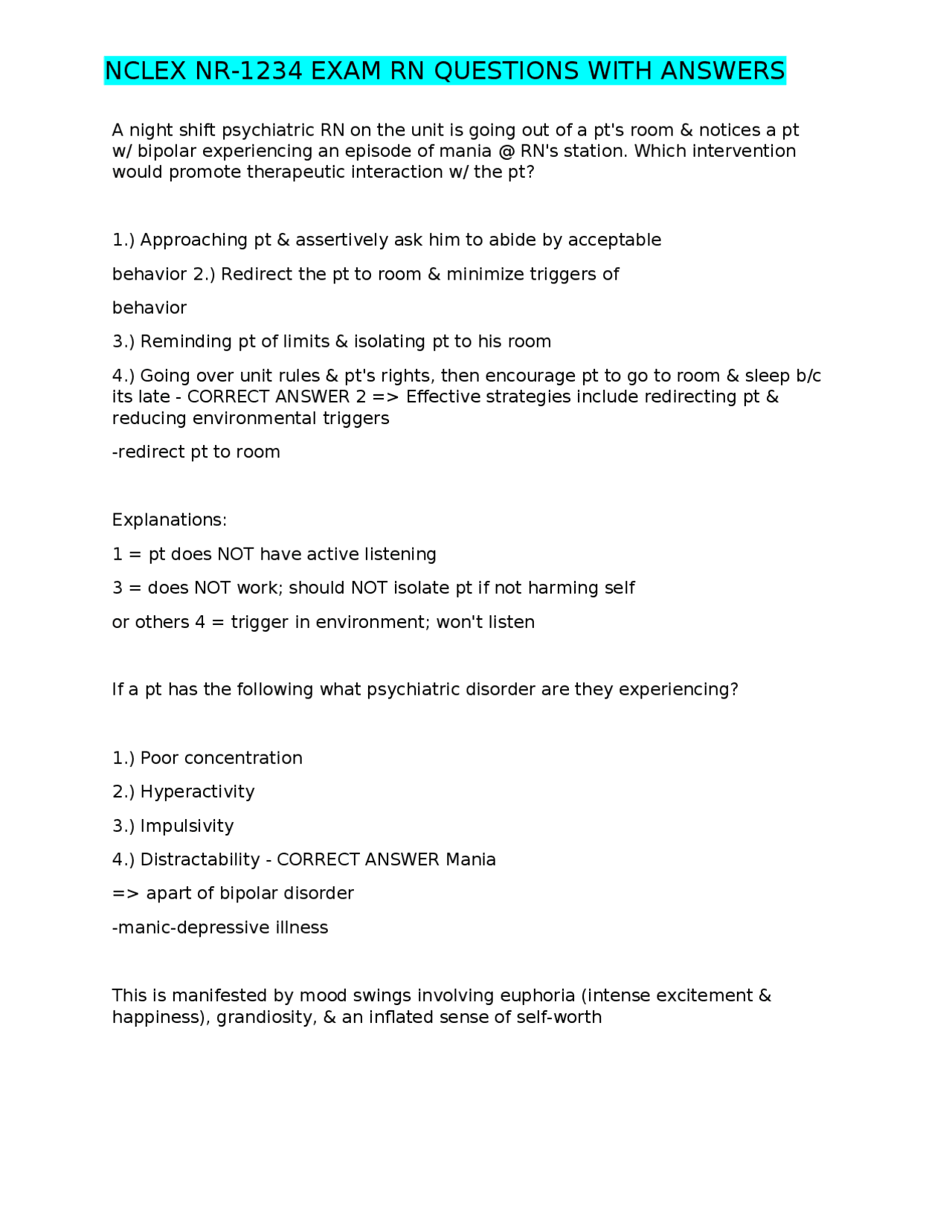 Nclex Nr 1234 Exam Rn Questions With Answers Exams Nursing Docsity