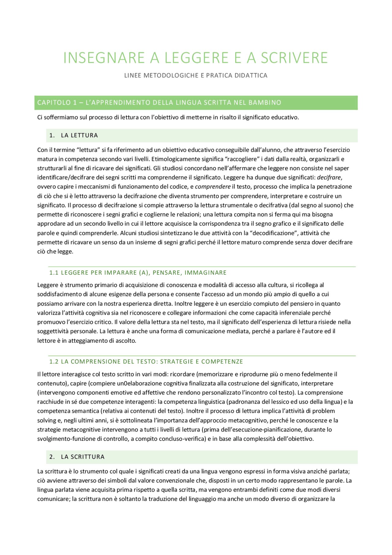 Riassunto libro "insegnare a leggere e a scrivere" | Dispense di Didattica Pedagogica | Docsity