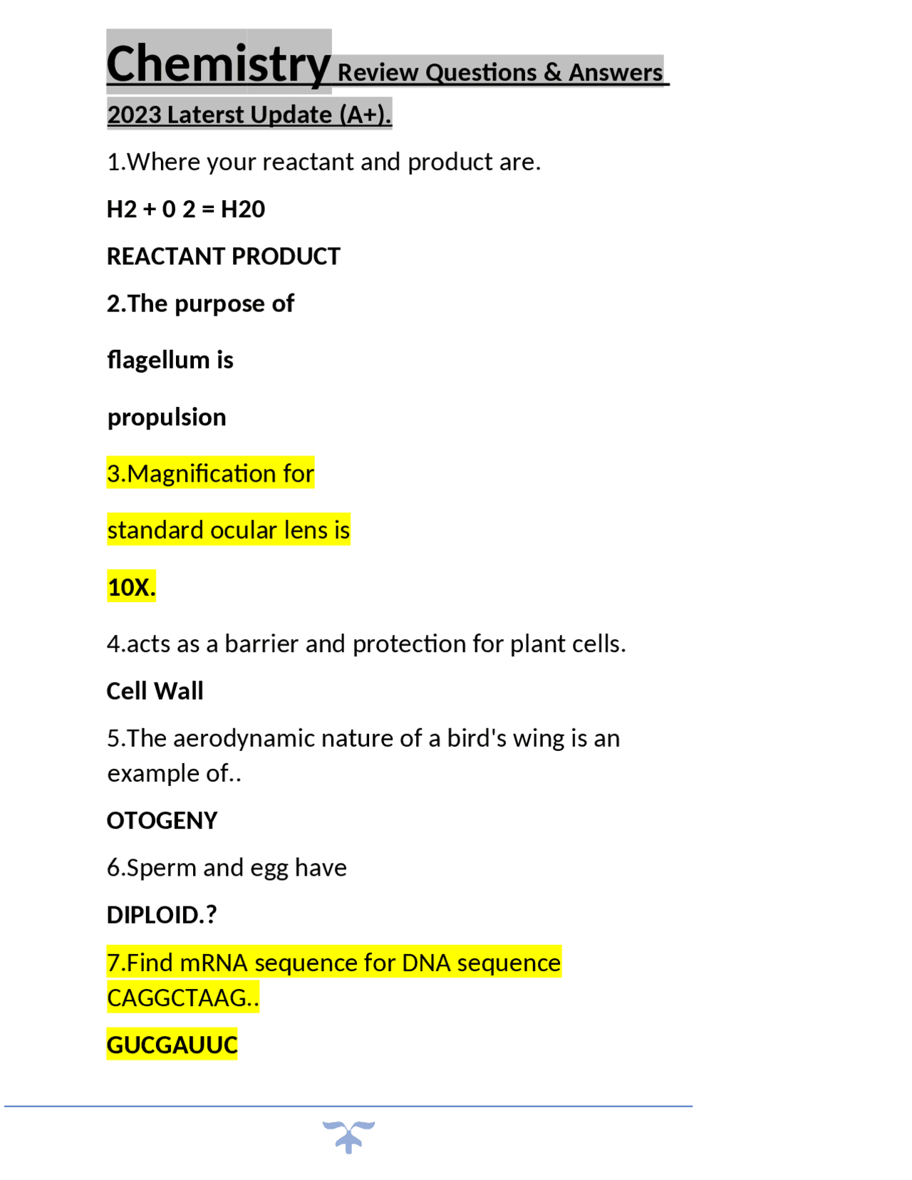 Chemistry Review Questions & Answers 2023 | Exams Biochemistry | Docsity