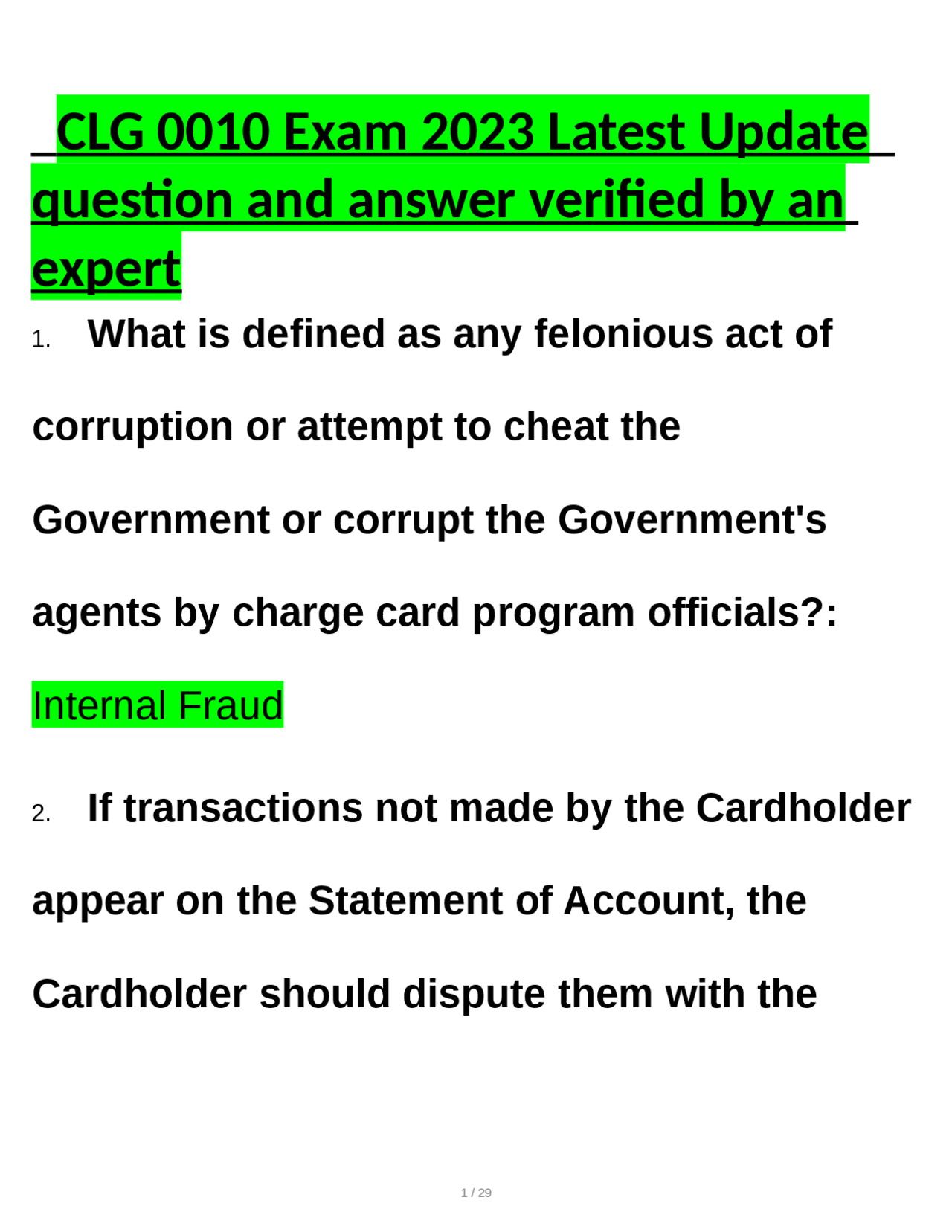 CLG 0010 Exam 2023 Latest Update question and answer verified by an ...