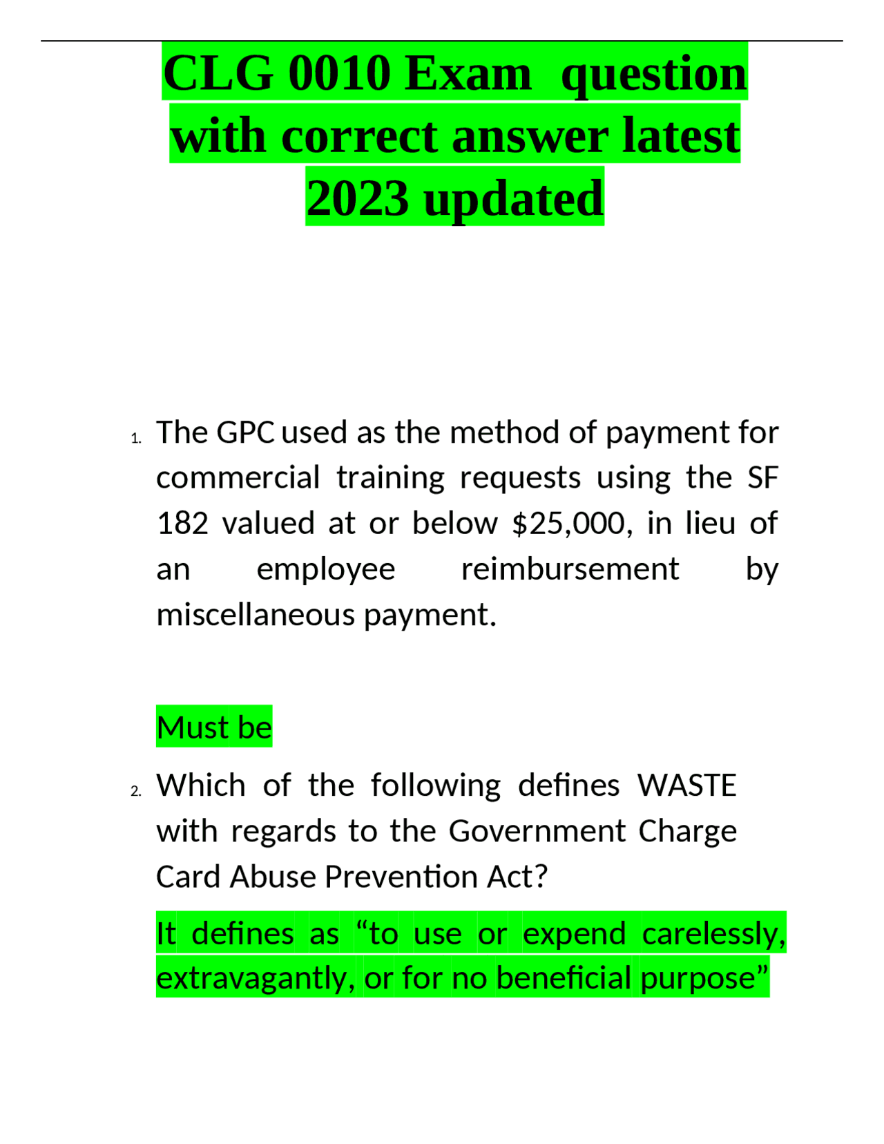 CLG 0010 Exam question with correct answer latest 2023 updated | Exams ...