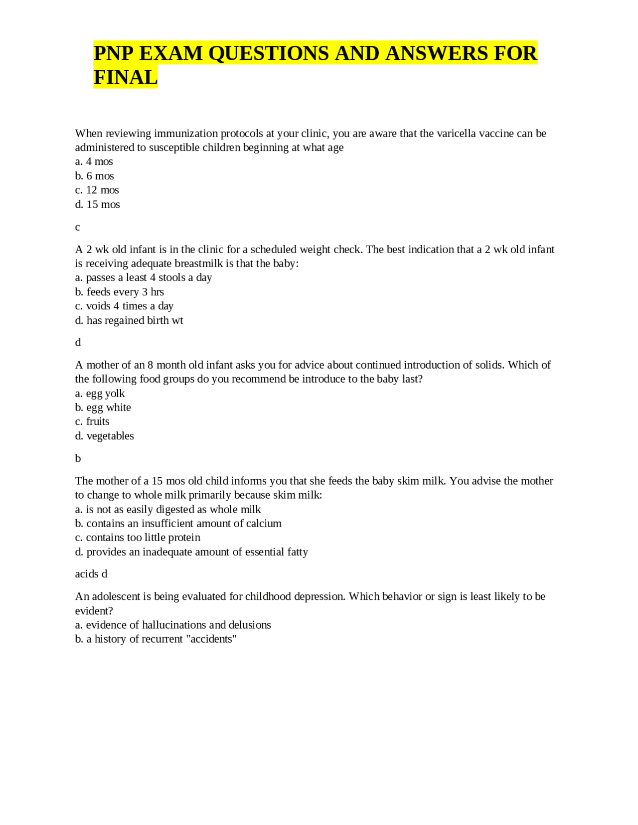 PNP EXAM QUESTIONS AND ANSWERS FOR FINAL | Exams Nursing | Docsity