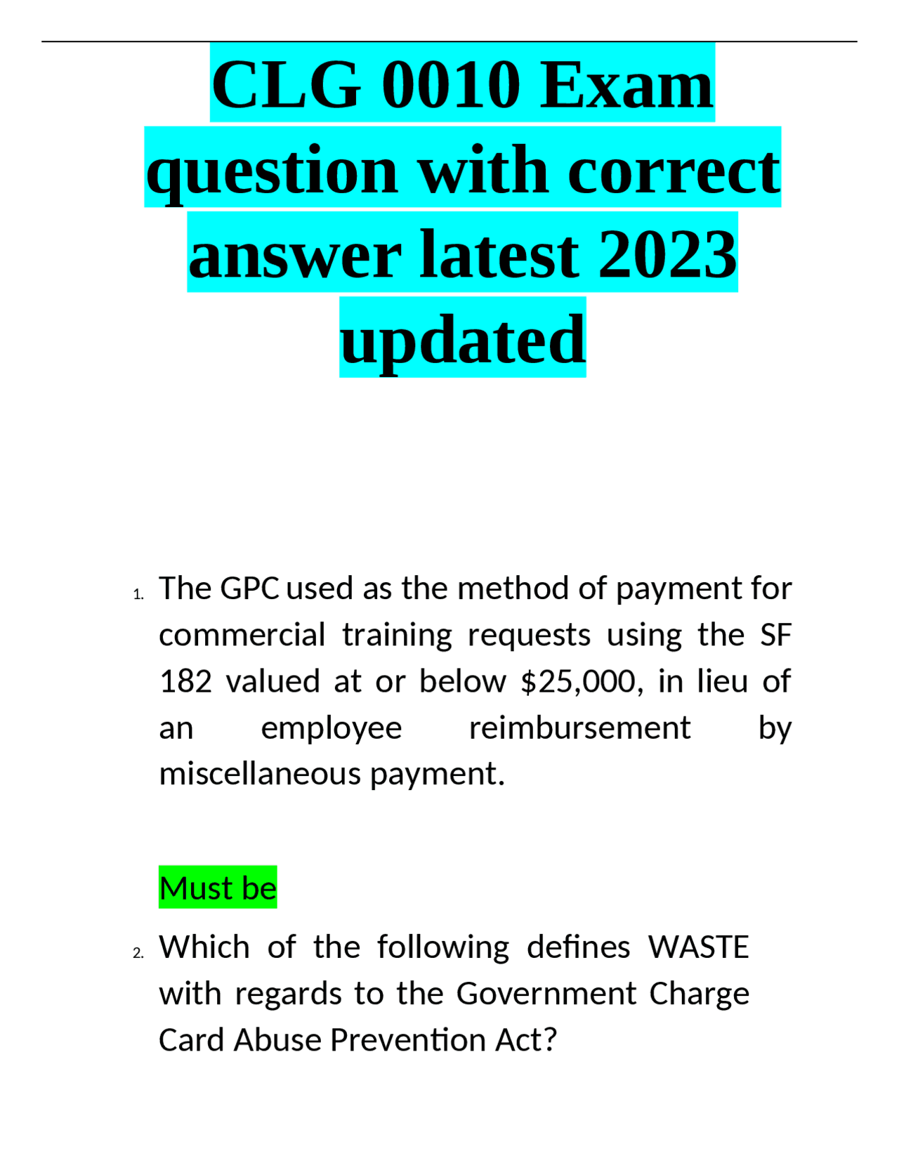 CLG 0010 Exam question with correct answer latest 2023 updated | Exams ...