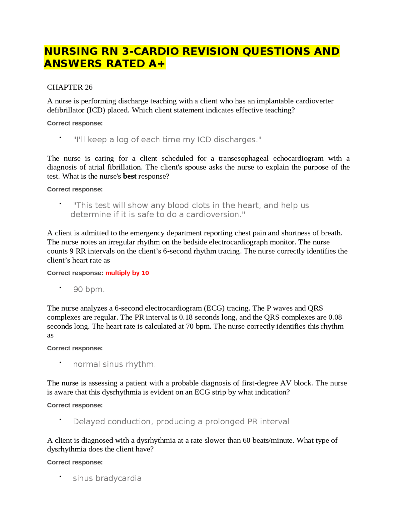 NURSING RN 3-CARDIO REVISION QUESTIONS AND ANSWERS RATED A+ | Exams ...