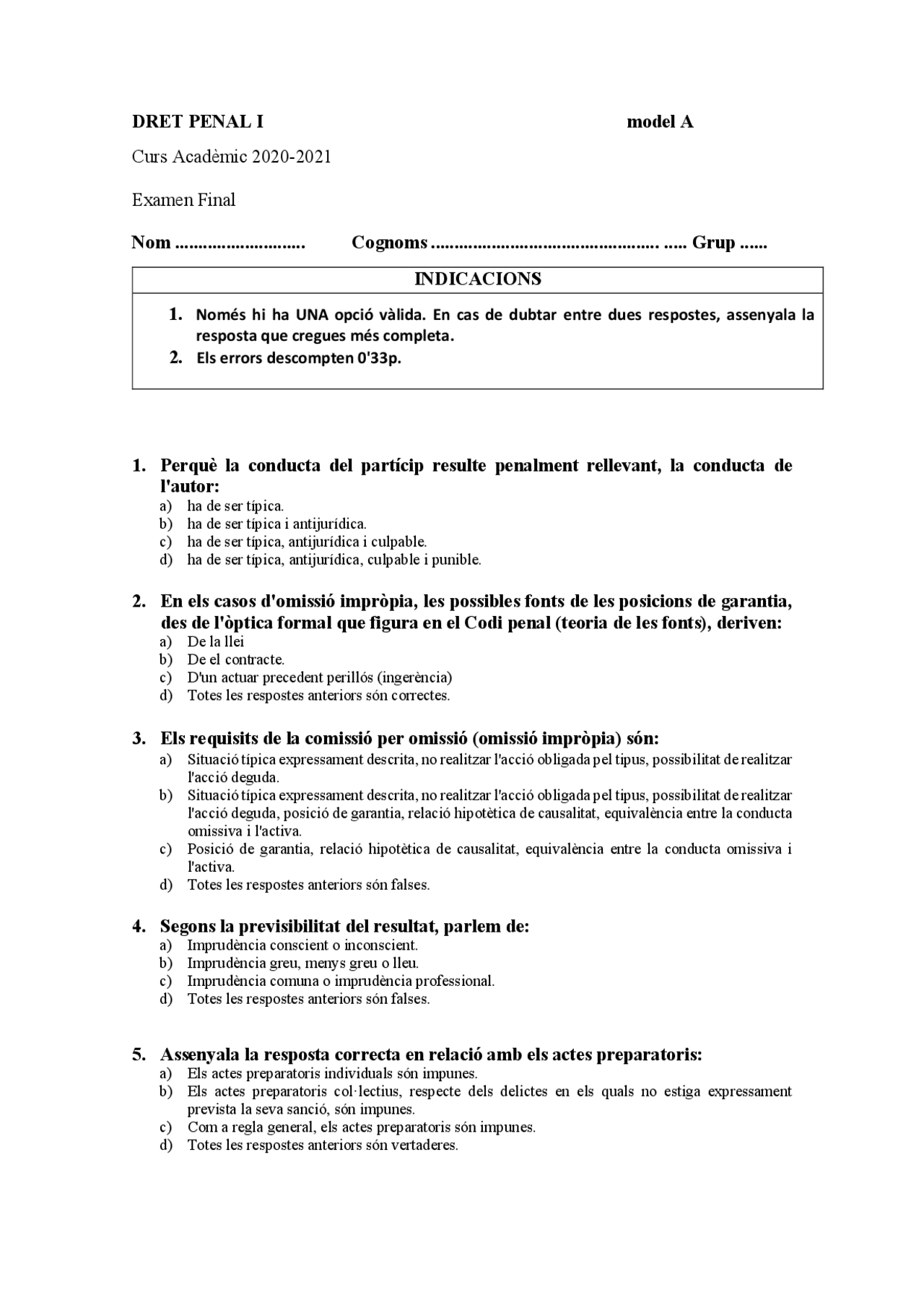 Modelo Examen Tipo Test Derecho Penal I Apuntes De Derecho Penal