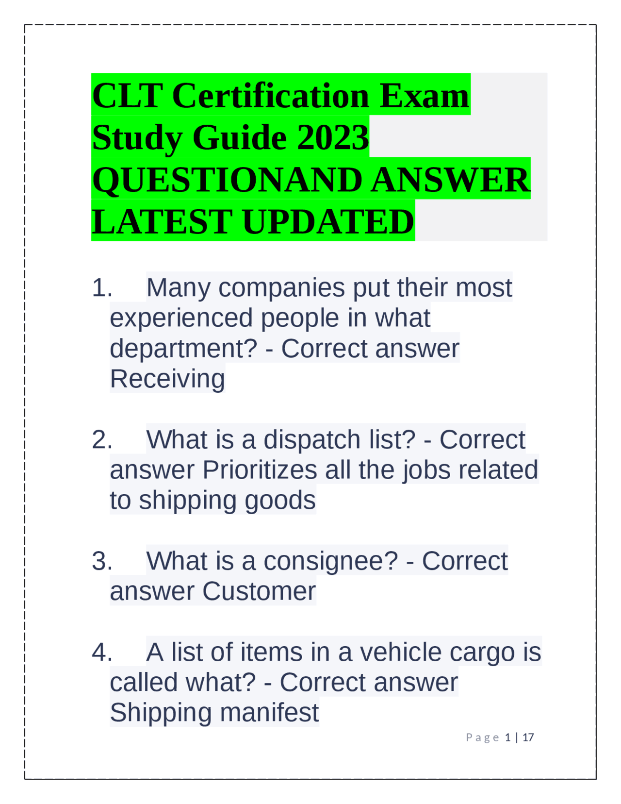 CLT Certification Exam Study Guide 2023 QUESTIONAND ANSWER LATEST CLT Certification Exam Study Guide 2023 QUESTIONAND ANSWER LATEST
