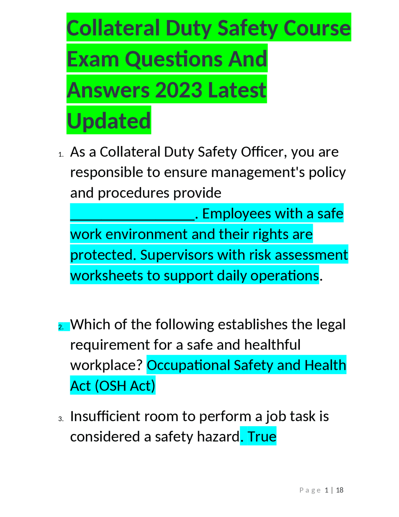 Collateral Duty Safety Course Exam Questions And Answers 2023 Latest ...