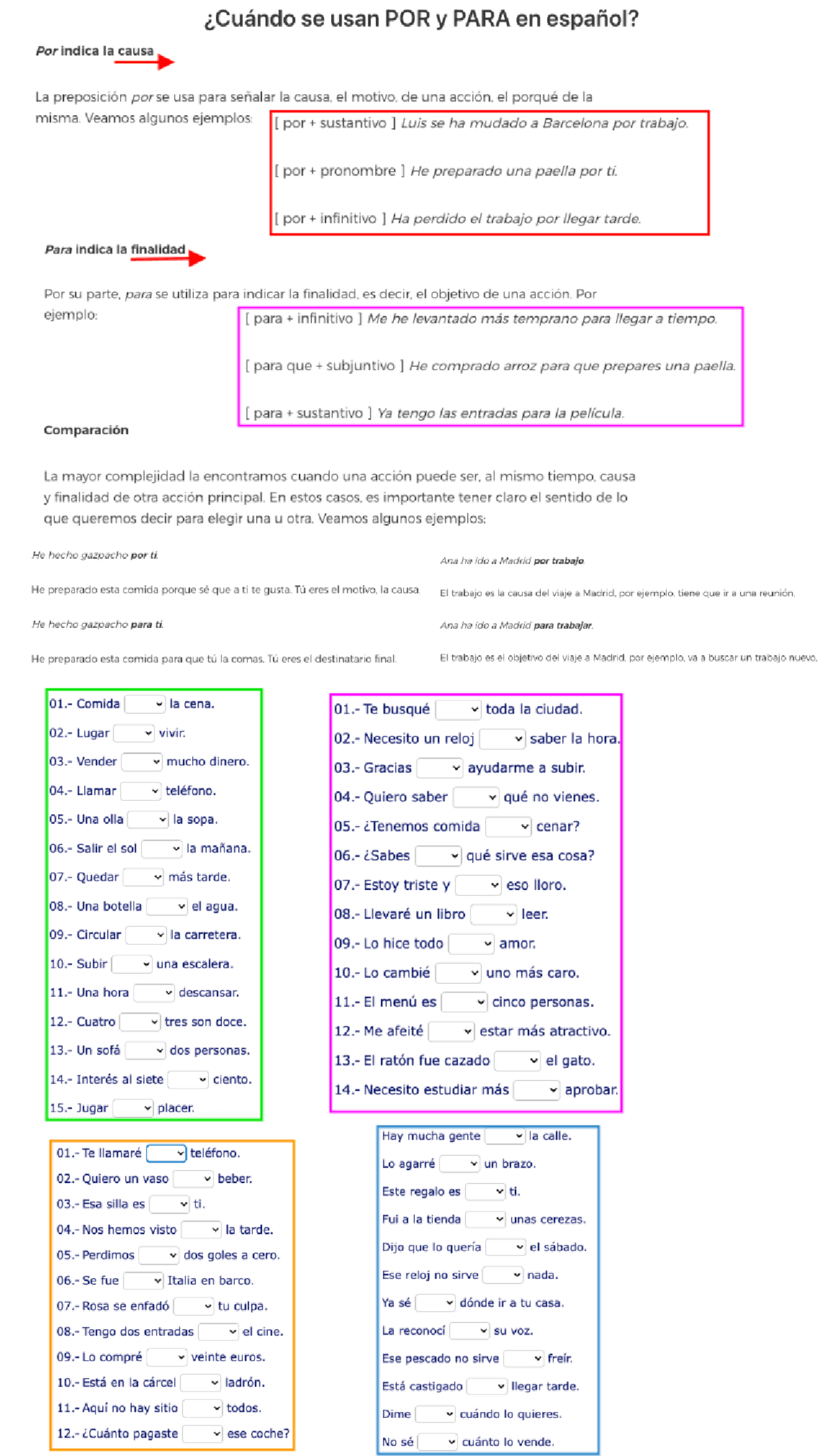 Lingua spagnola - por y para | Appunti di Lingua Spagnola | Docsity