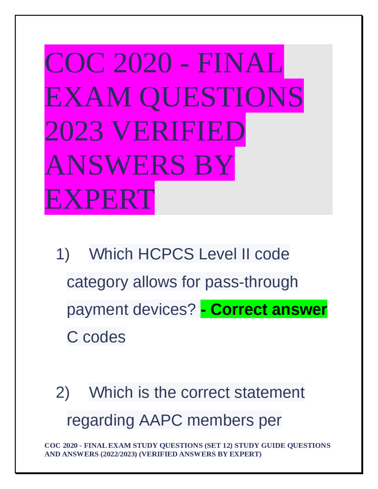 COC 2020 - FINAL EXAM QUESTIONS 2023 VERIFIED ANSWERS BY EXPERT | Exams ...