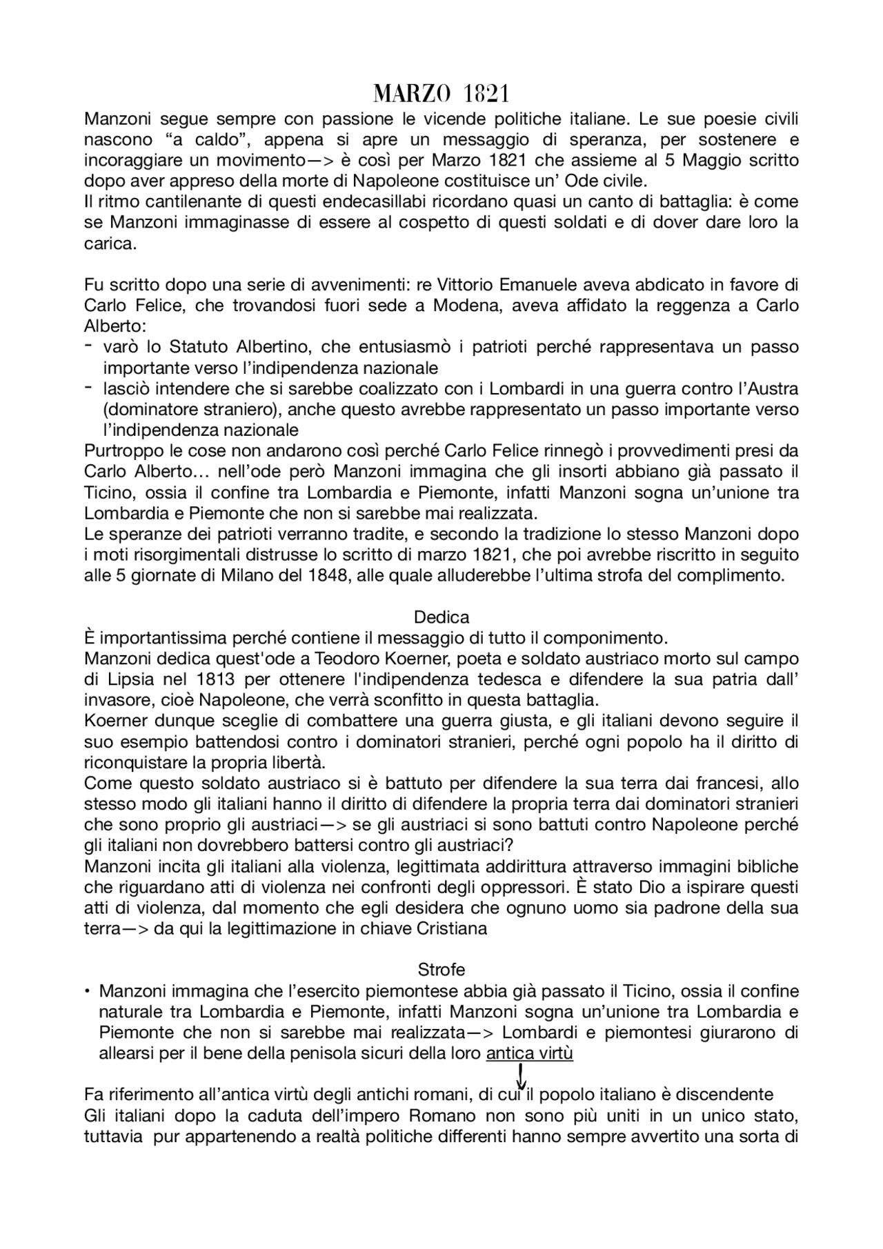 Marzo 1821 di Alessandro Manzoni | Appunti di Italiano | Docsity