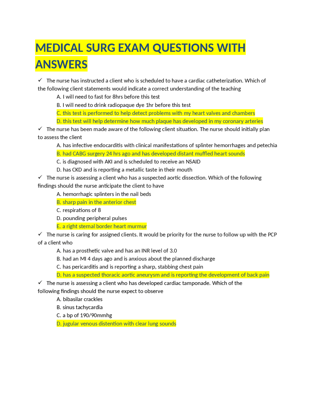 MEDICAL SURG EXAM QUESTIONS WITH ANSWERS | Exams Nursing | Docsity