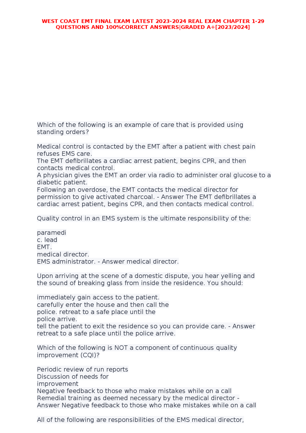 WEST COAST EMT FINAL EXAM LATEST 2023-2024 REAL EXAM CHAPTER 1-29 ...