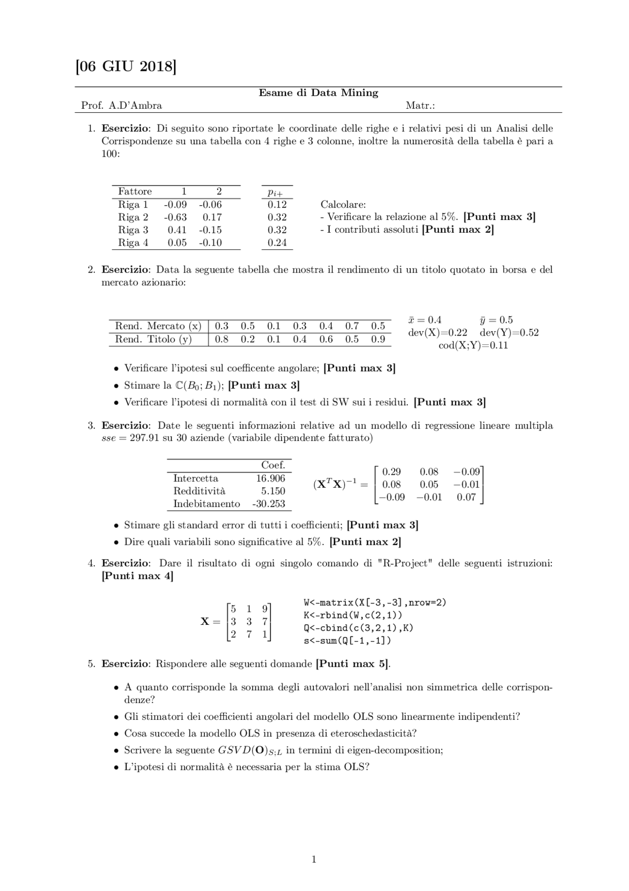 Esame di data mining | Prove d'esame di Statistica | Docsity