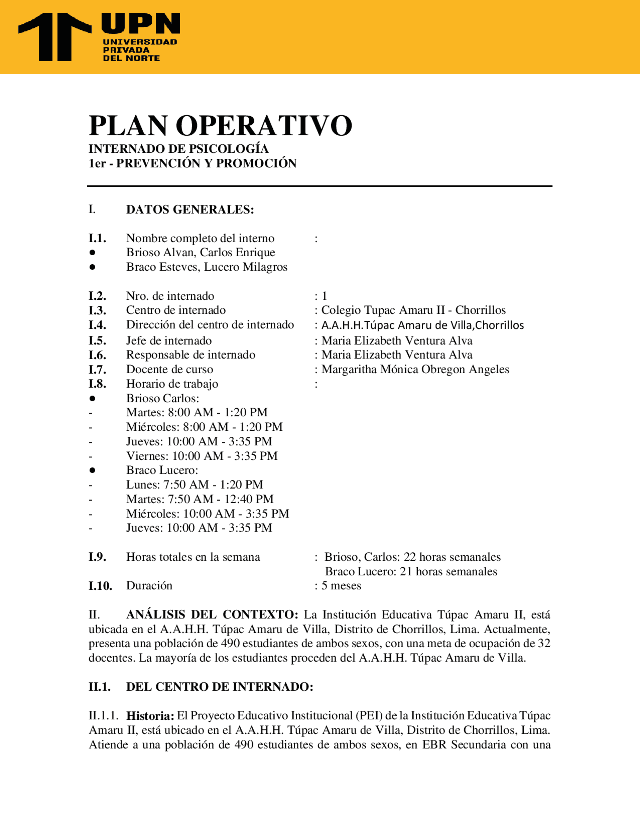 Informe plan operativo, Tupac Amaru | Resúmenes de Ingeniería ...