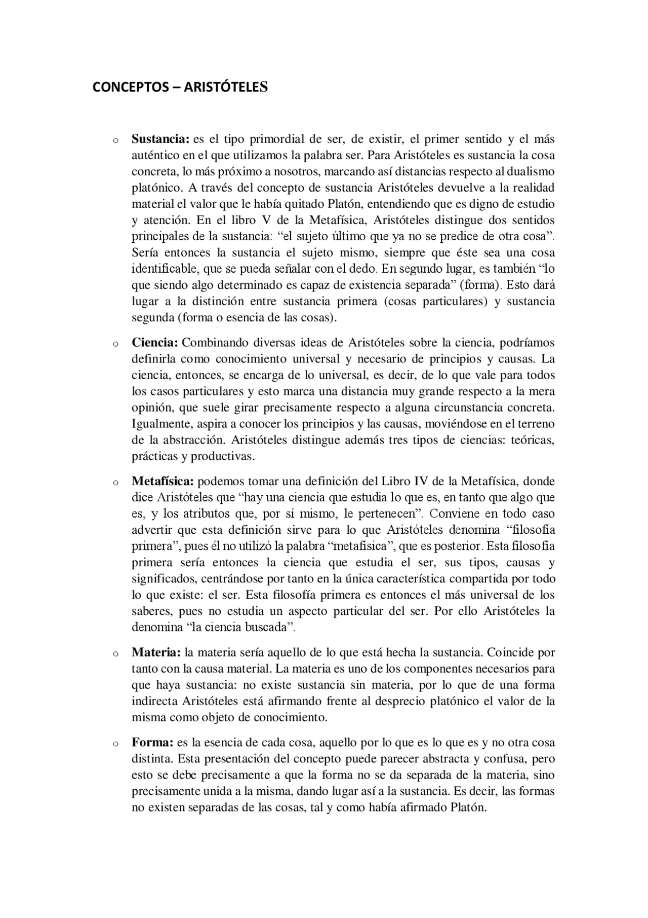Conceptos de Aristóteles | Resúmenes de Historia de la Filosofía | Docsity