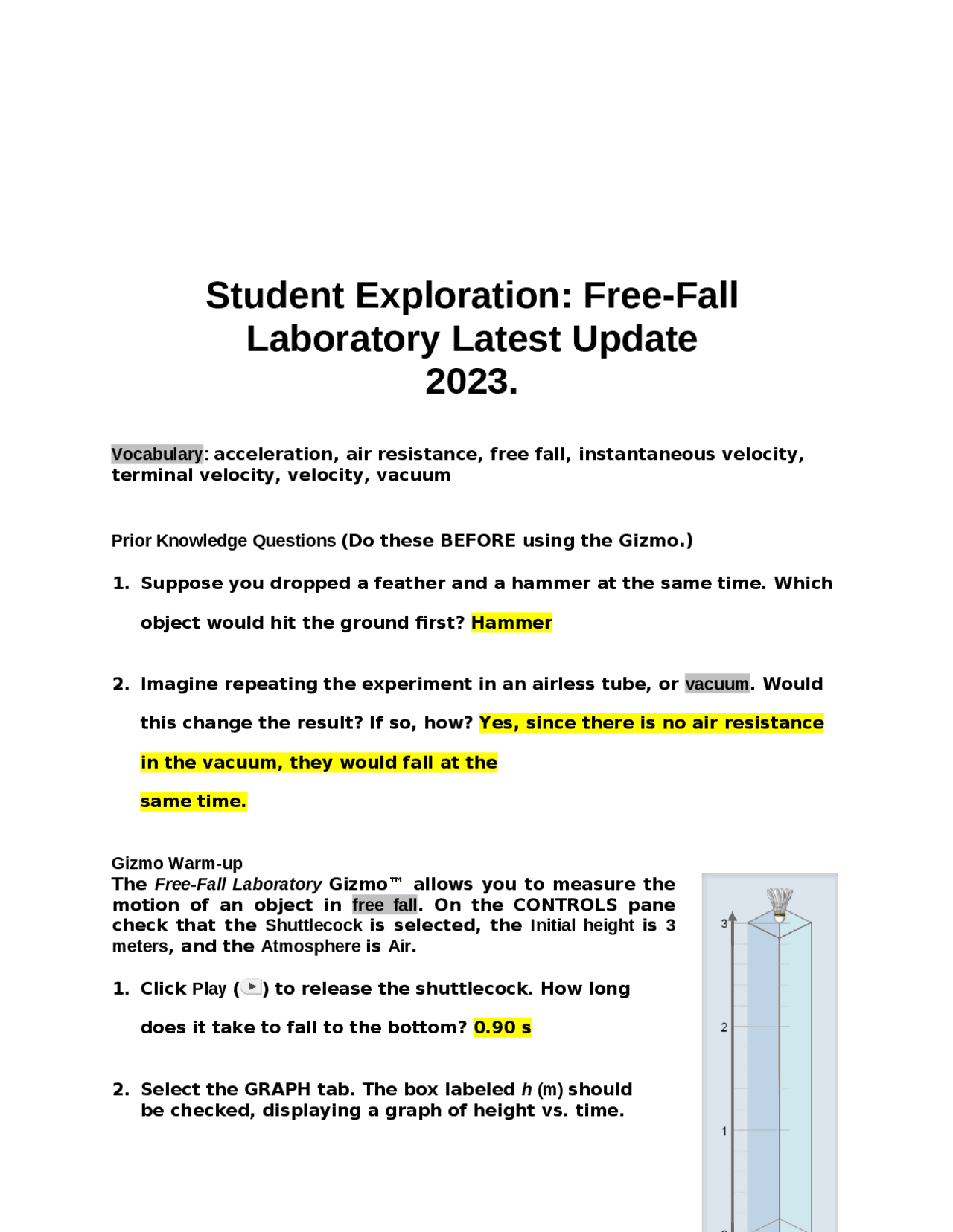 Student Exploration: Free-Fall Laboratory Latest Update 2023. | Exams ...
