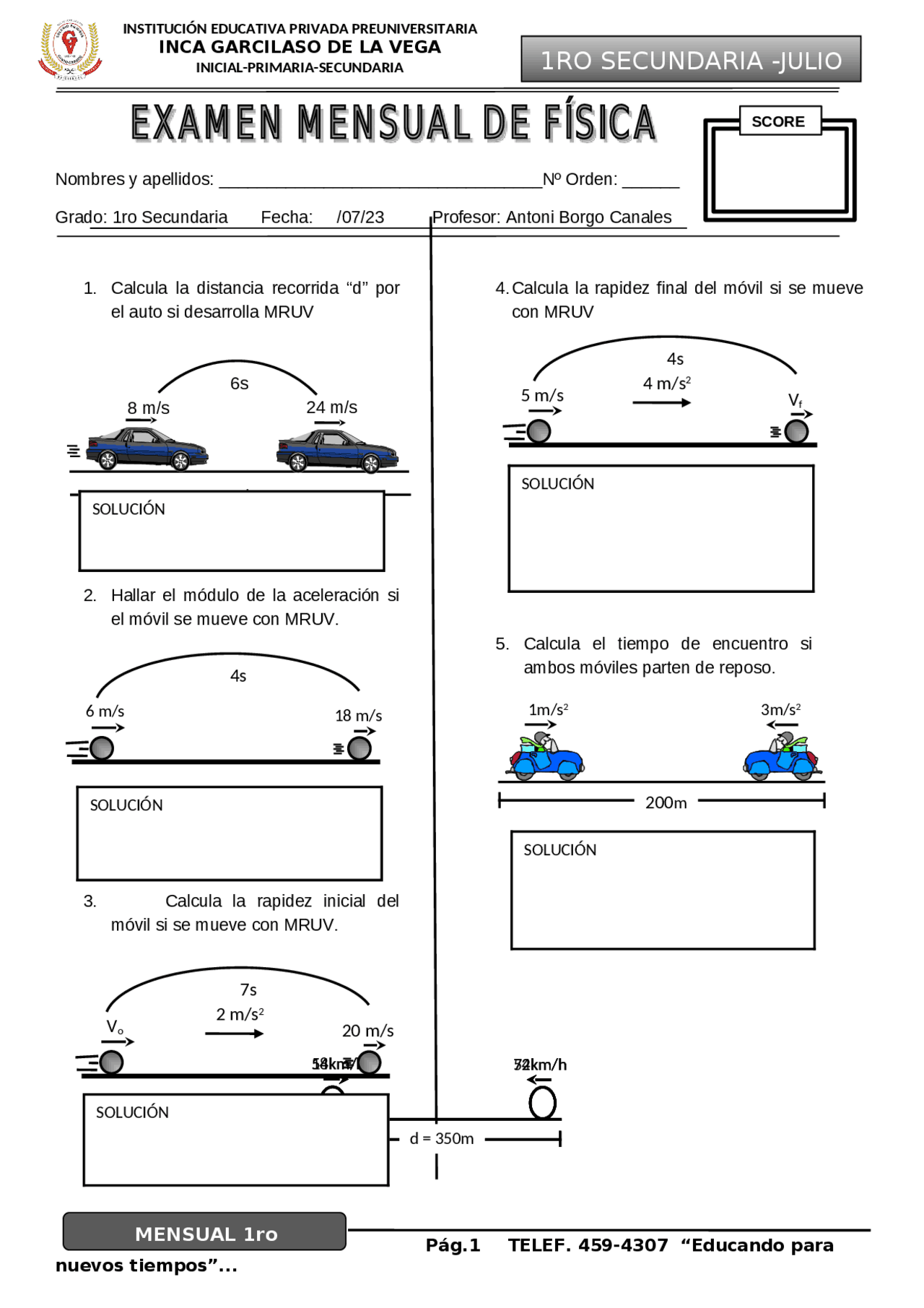 Ejercicios de Movimiento Rectilíneo Uniformemente Variado (MRUV) | Ejercicios de Física | Docsity