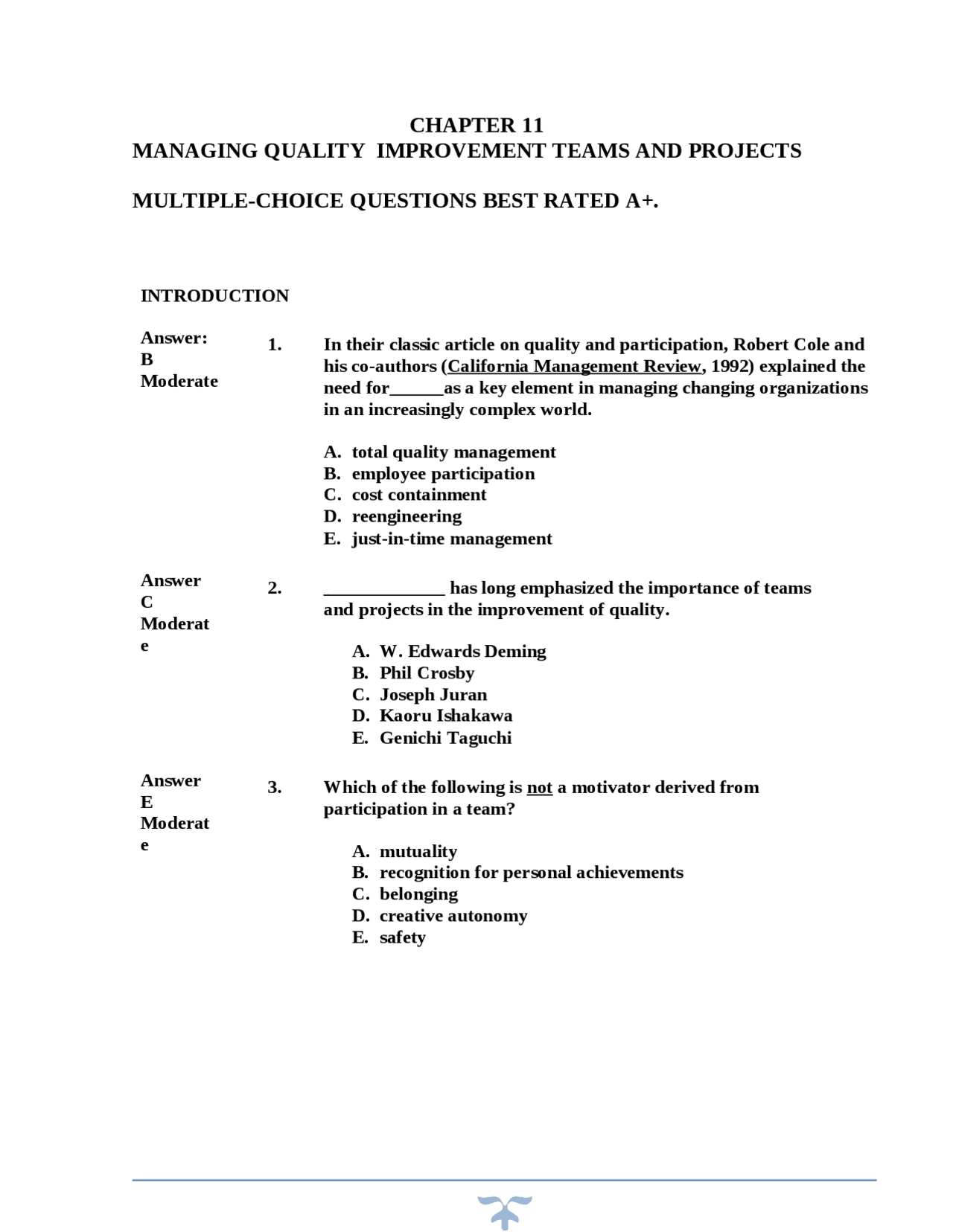 MANAGING QUALITY IMPROVEMENT TEAMS AND PROJECTS MULTIPLE-CHOICE ...