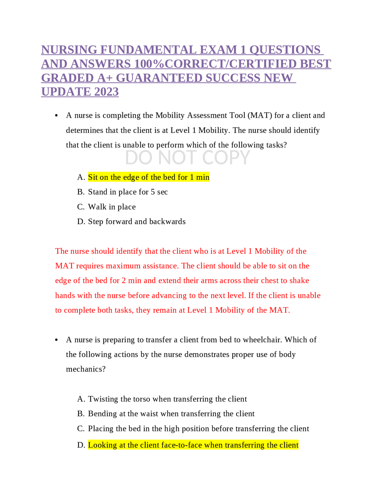 NURSING FUNDAMENTAL EXAM 1 QUESTIONS AND ANSWERS 100%CORRECT/CERTIFIED ...