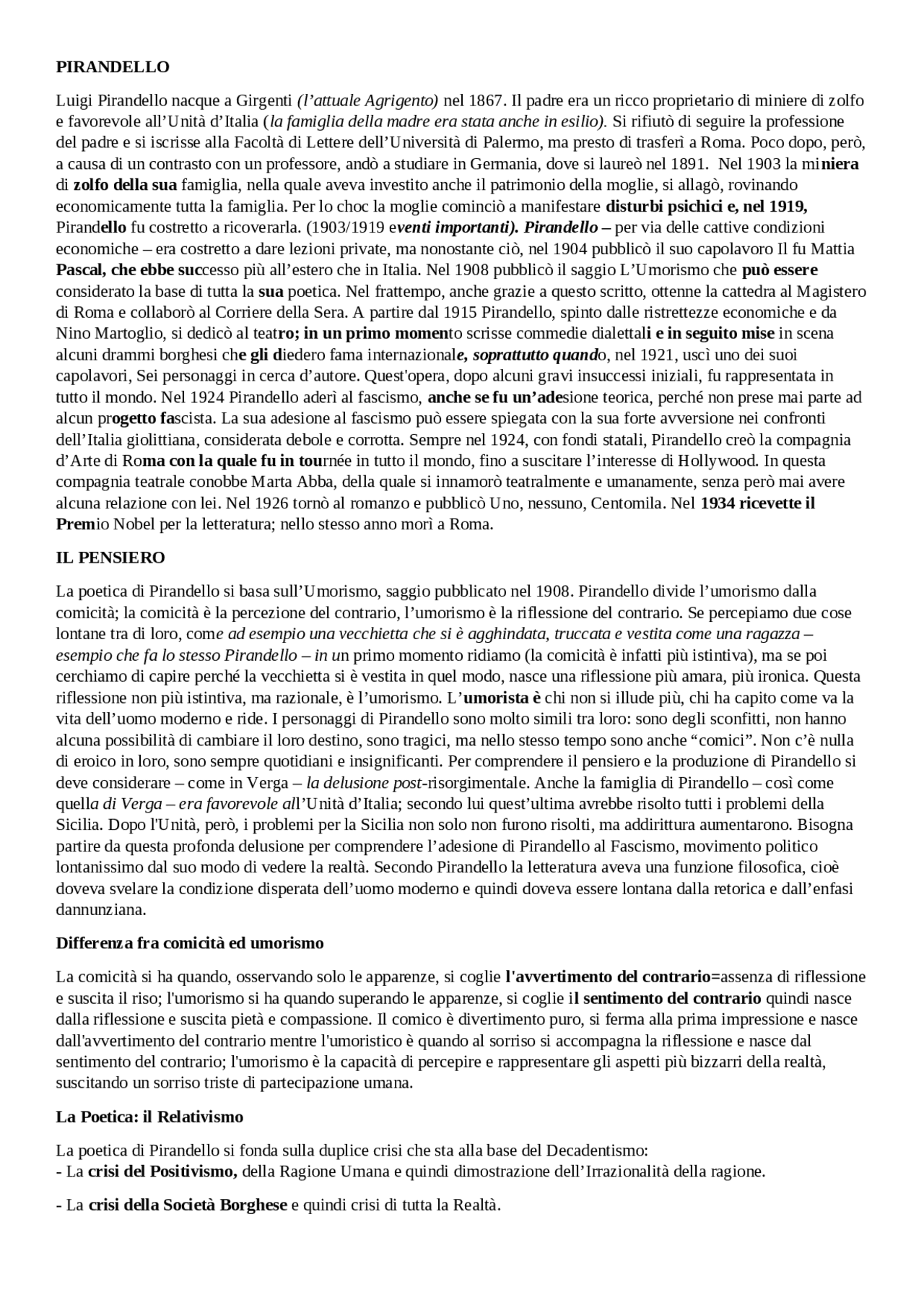 Pirandello appunti scritti | Appunti di Lingue e letterature classiche | Docsity